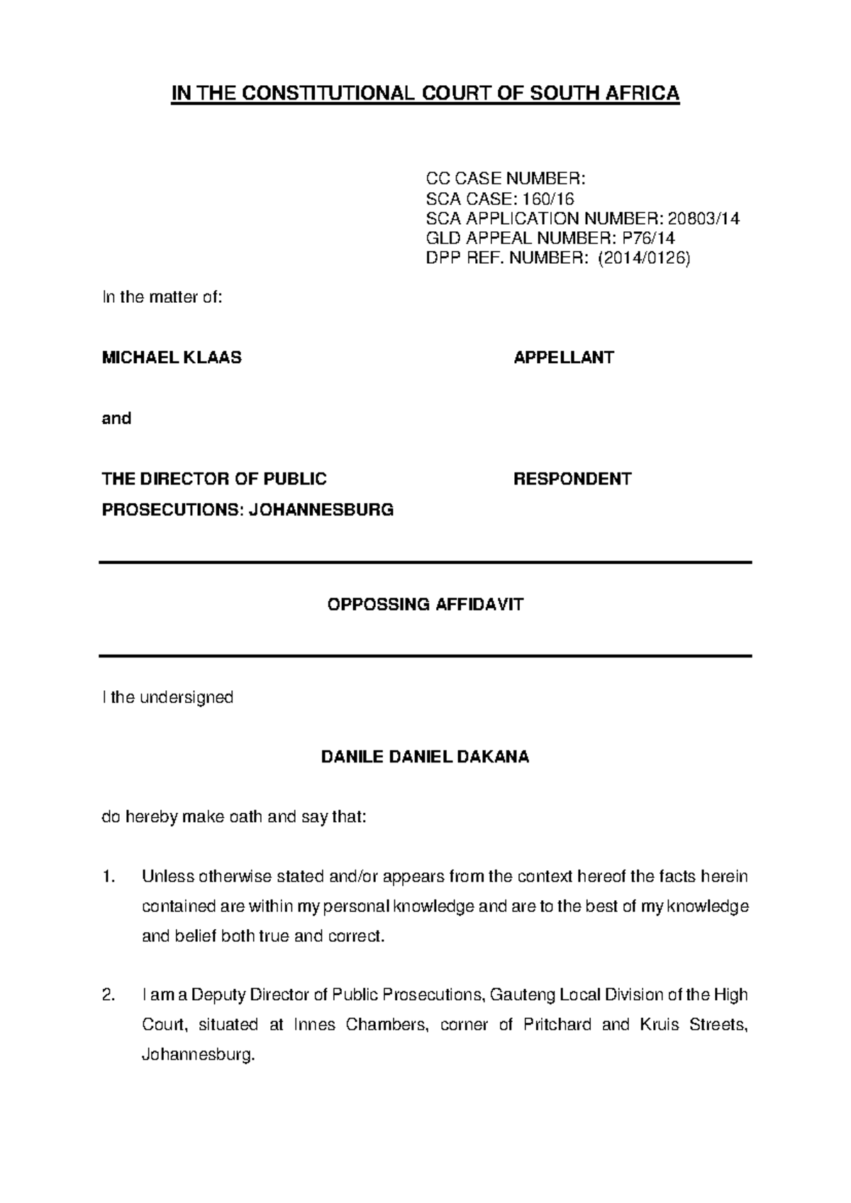 06Answering Affidavit - IN THE CONSTITUTIONAL COURT OF SOUTH AFRICA CC ...