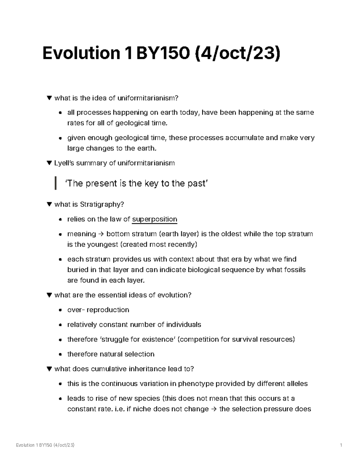 Evolution 1 BY150 - Lecture notes - Evolution 1 BY150 (4/oct/23) what ...