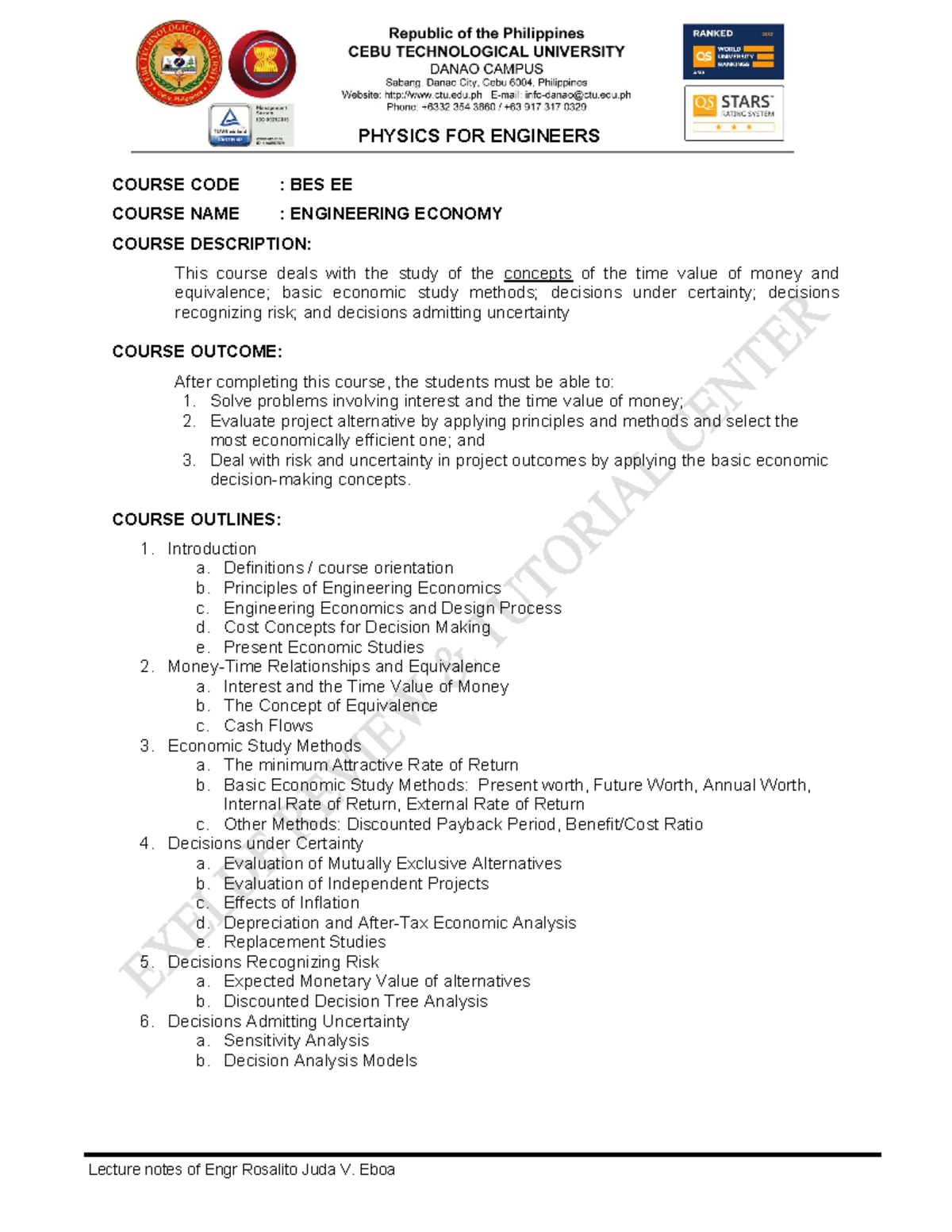 BES EE Batch 22 - Engineering Economics - PHYSICS FOR ENGINEERS ...