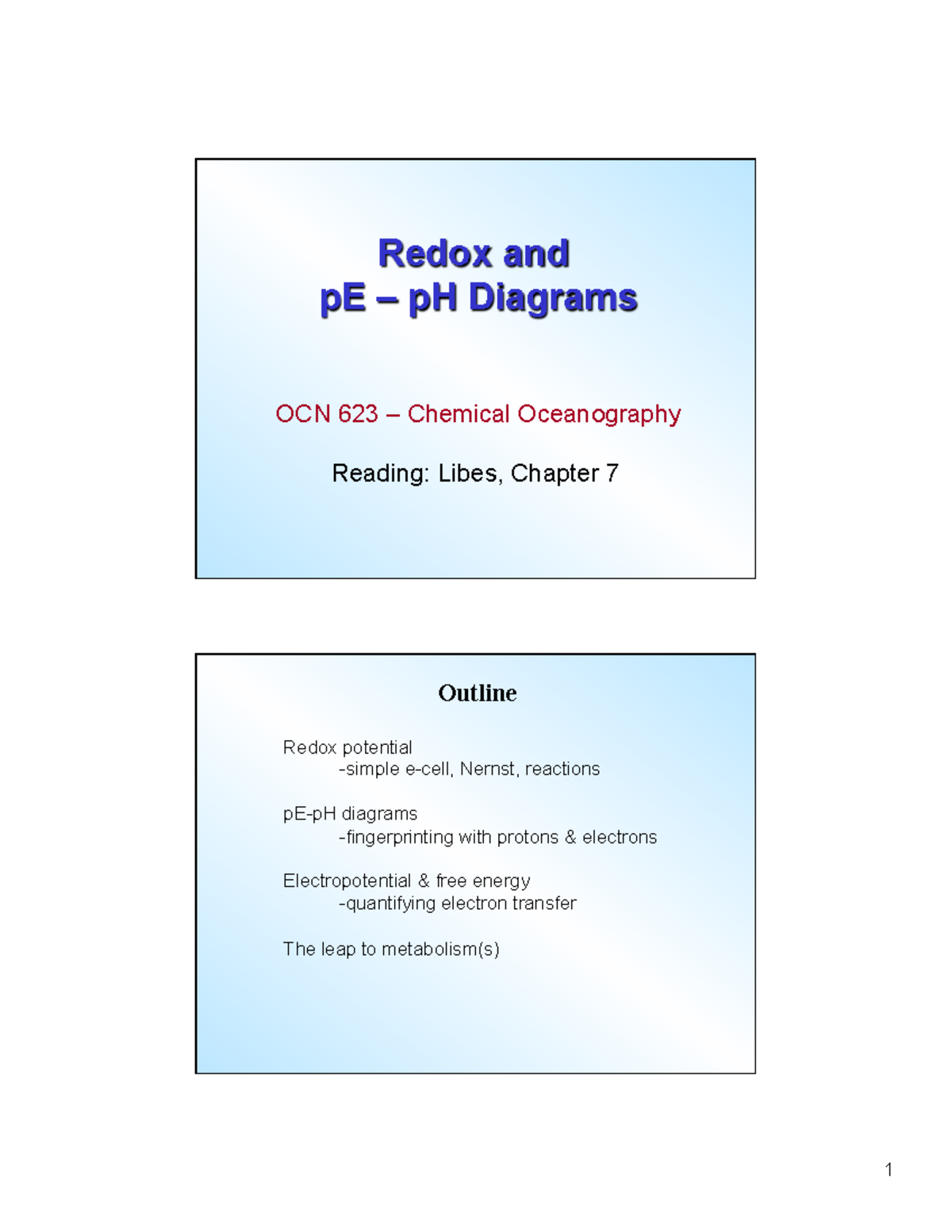 04 Redox - Equilibrium - Redox and pE – pH Diagrams OCN 623 – Chemical Oceanography Reading ...