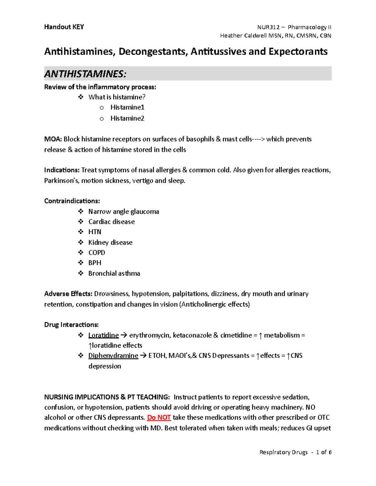 Ch.36 Handout KEY and Pharmacological Meds for Exam 3 - Heather ...