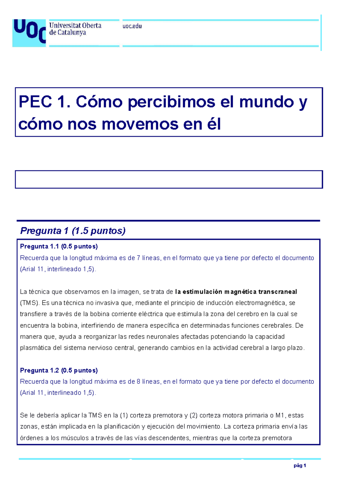PEC 1 Psicologia Fisiologica Entregar - PEC 1. Cómo percibimos el mundo ...