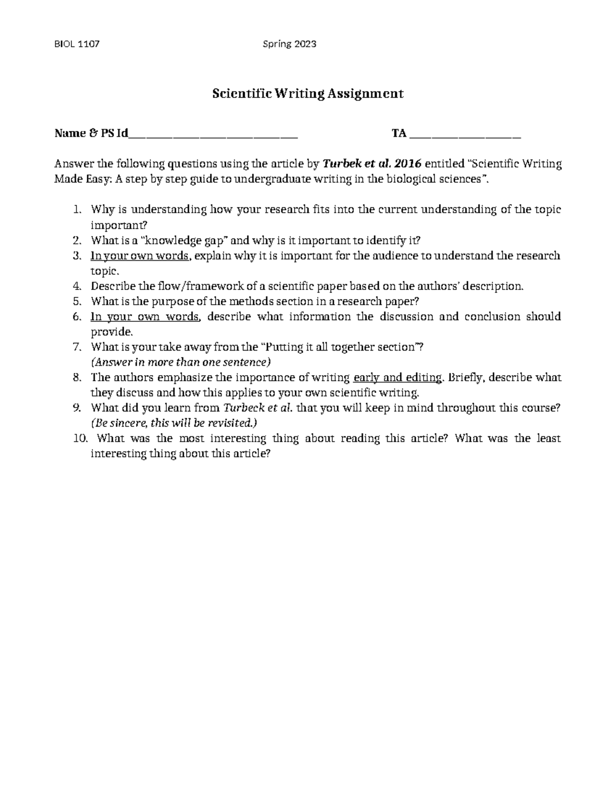 Intro Sci-Writing Qs-1 - BIOL 1107 Spring 2023 Scientific Writing ...