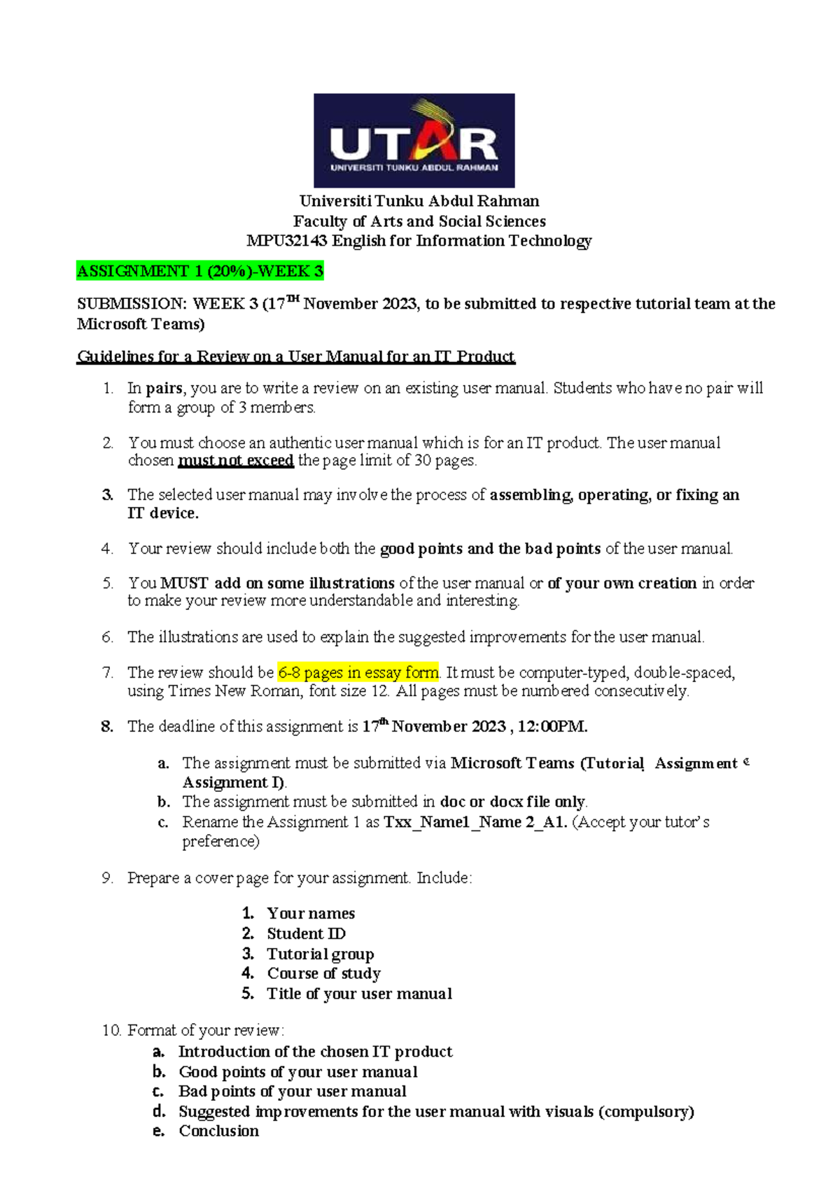 Assignment Guidelines MPU32143 OCT 2023 - Universiti Tunku Abdul Rahman ...