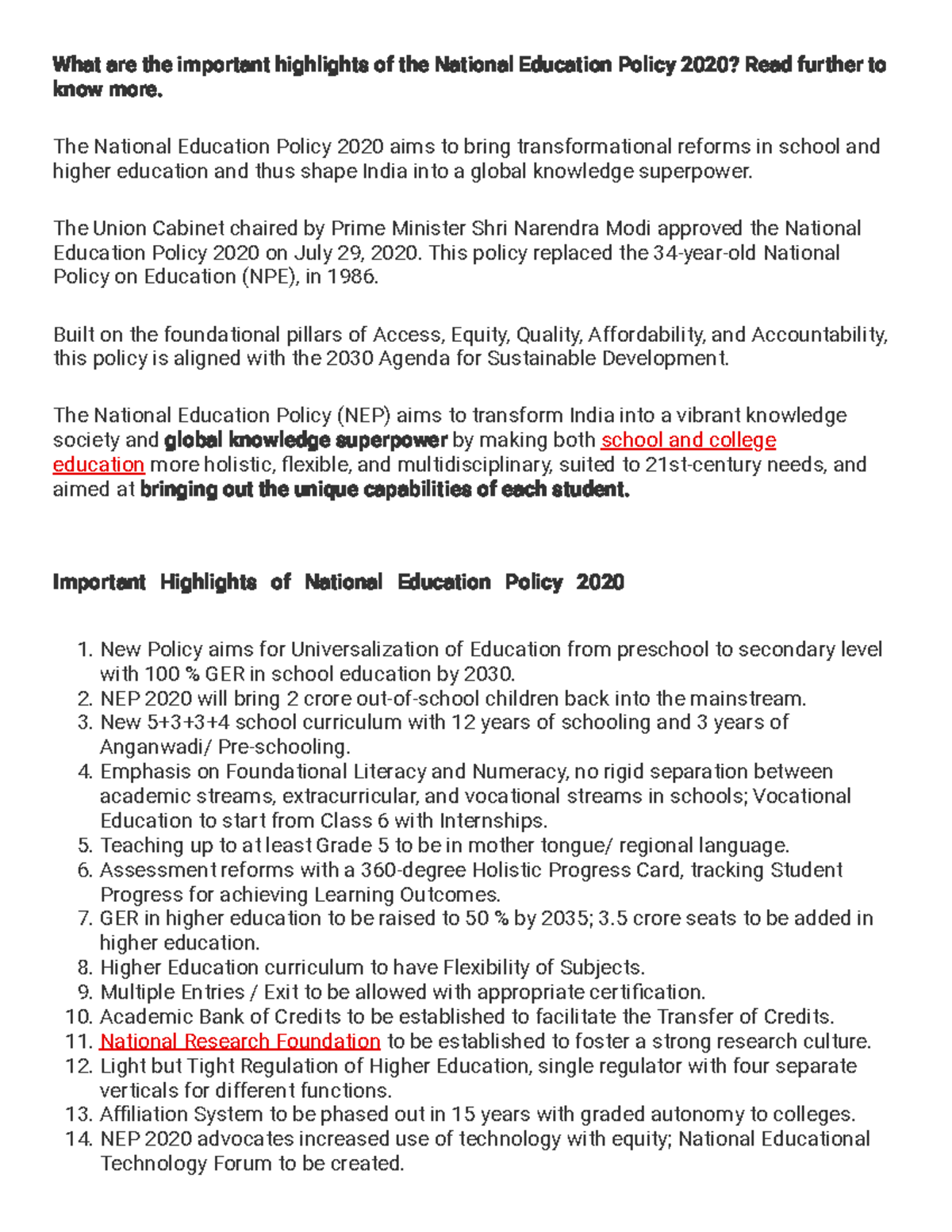 NEP 2020 Word Pdf - New Ed. Policy 2020 - What are the important ...
