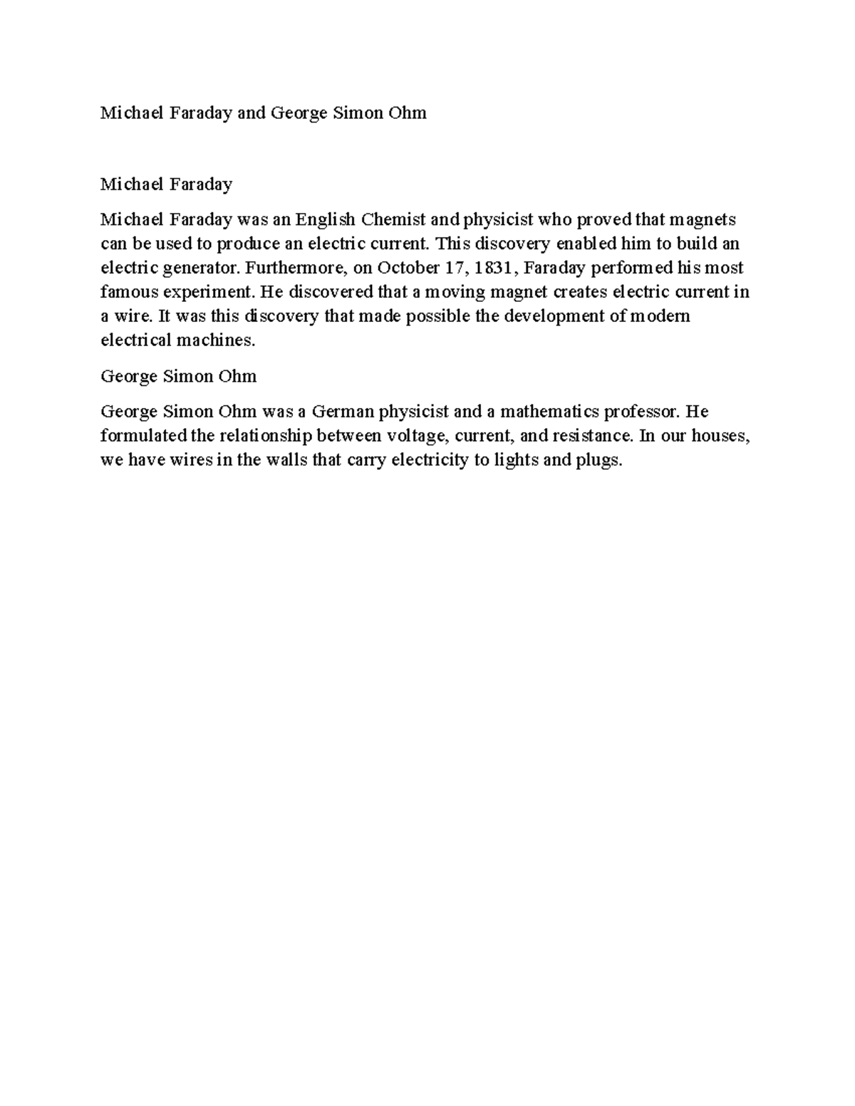 Michael Faraday and George Simon Ohm - Michael Faraday and George Simon ...