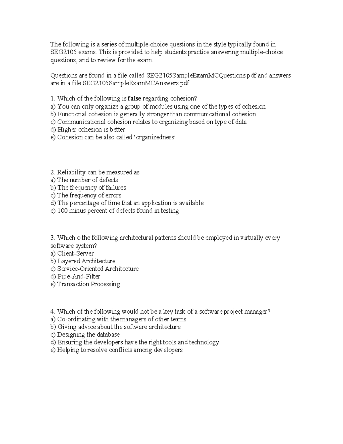 Sample/practice exam 2015, questions - The following is a series of ...