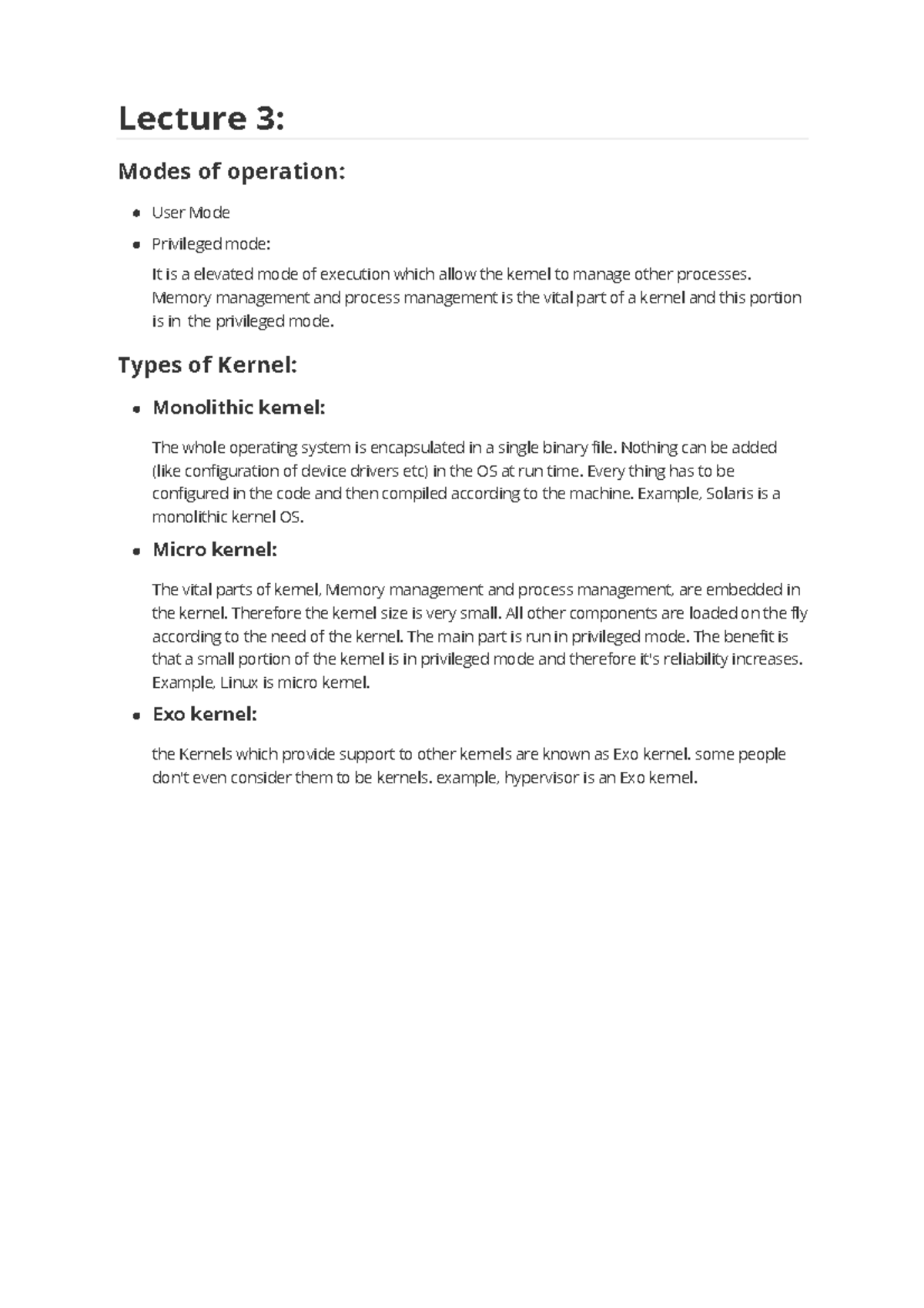 Operating System Kernel Types Lecture 3 Modes Of Operation User Mode Privileged Mode It Is