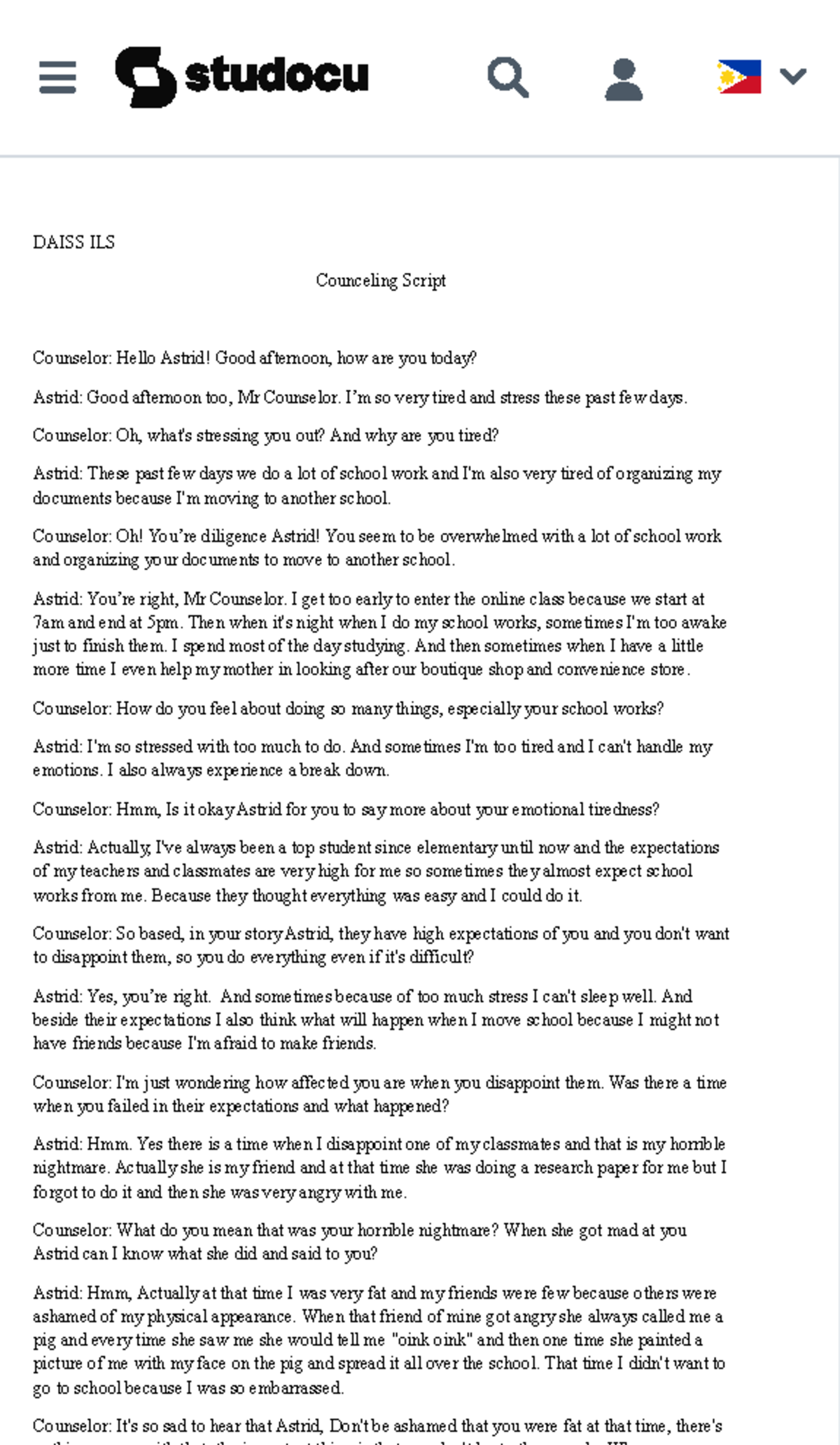 Counseling- Script about Depression and Stress - D… - DAISS ILS ...