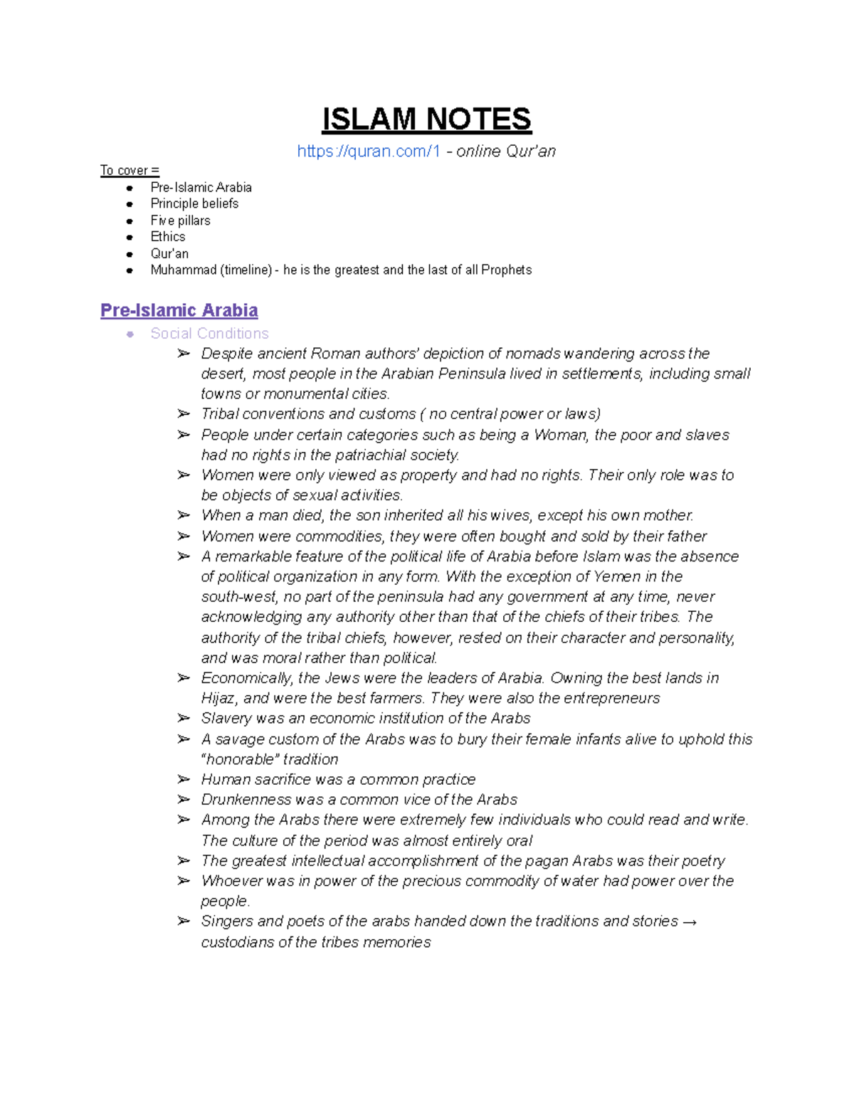 Islam prelim notes - ISLAM NOTES quran/1 - online Qur’an To cover = Pre ...