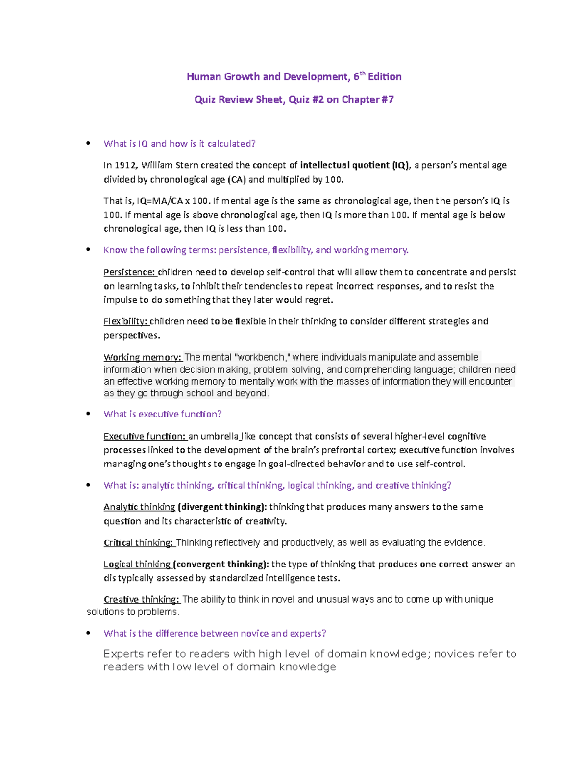 Quiz 2 Chapter 7 - Human Growth and Development, 6th Edition Quiz Review Sheet, Quiz #2 on ...