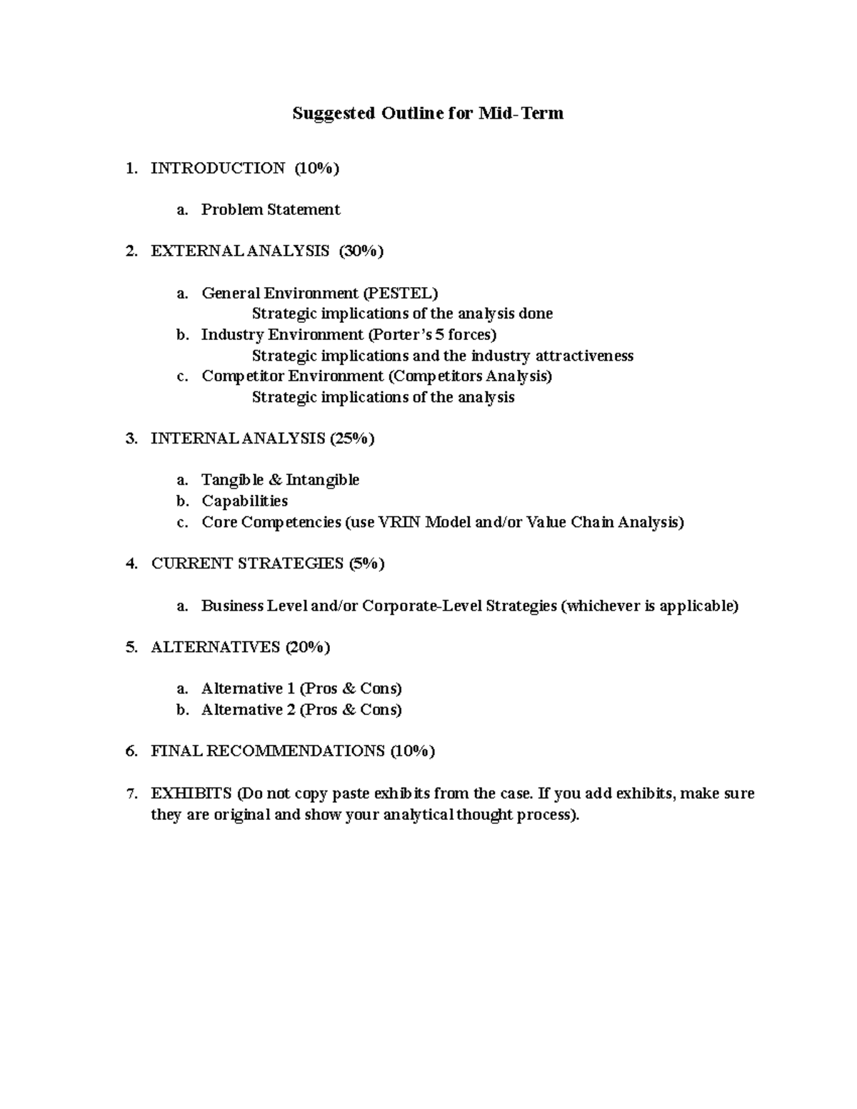 Suggested Outline for Mid-Term - INTRODUCTION (10%) a. Problem ...
