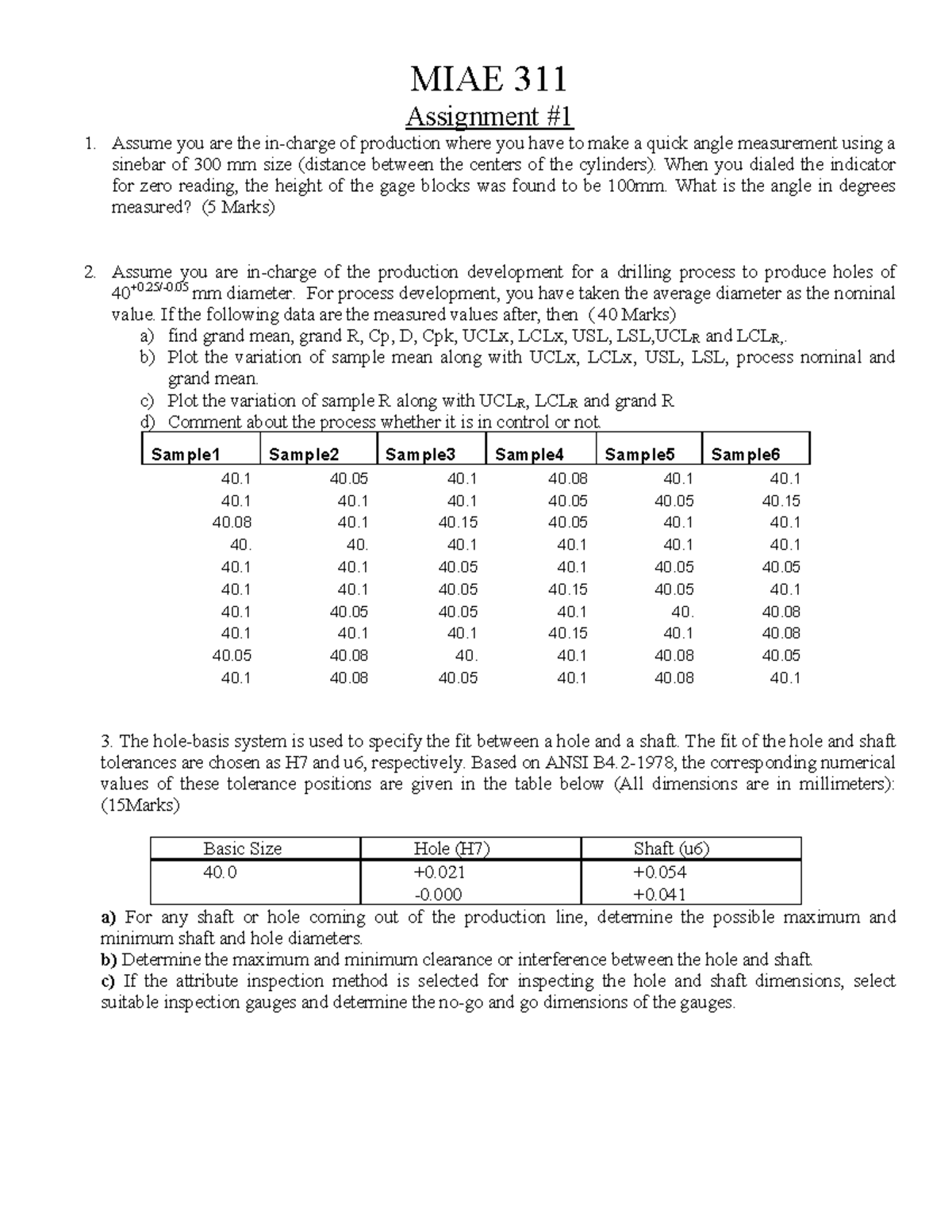 Assn1 2023 - Assignment 1 - MIAE 311 Assignment 1. Assume you are the in-charge of production ...