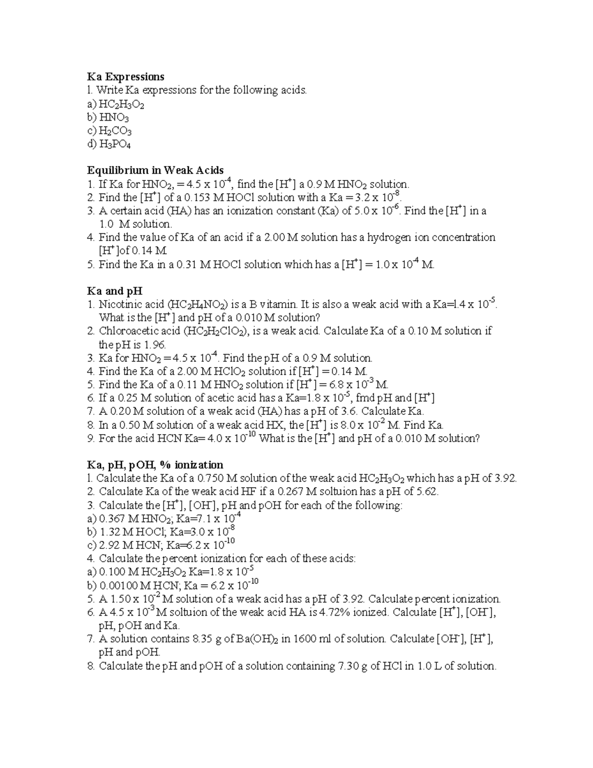 Acid Base Worksheet - ..... - Ka Expressions l. Write Ka expressions ...