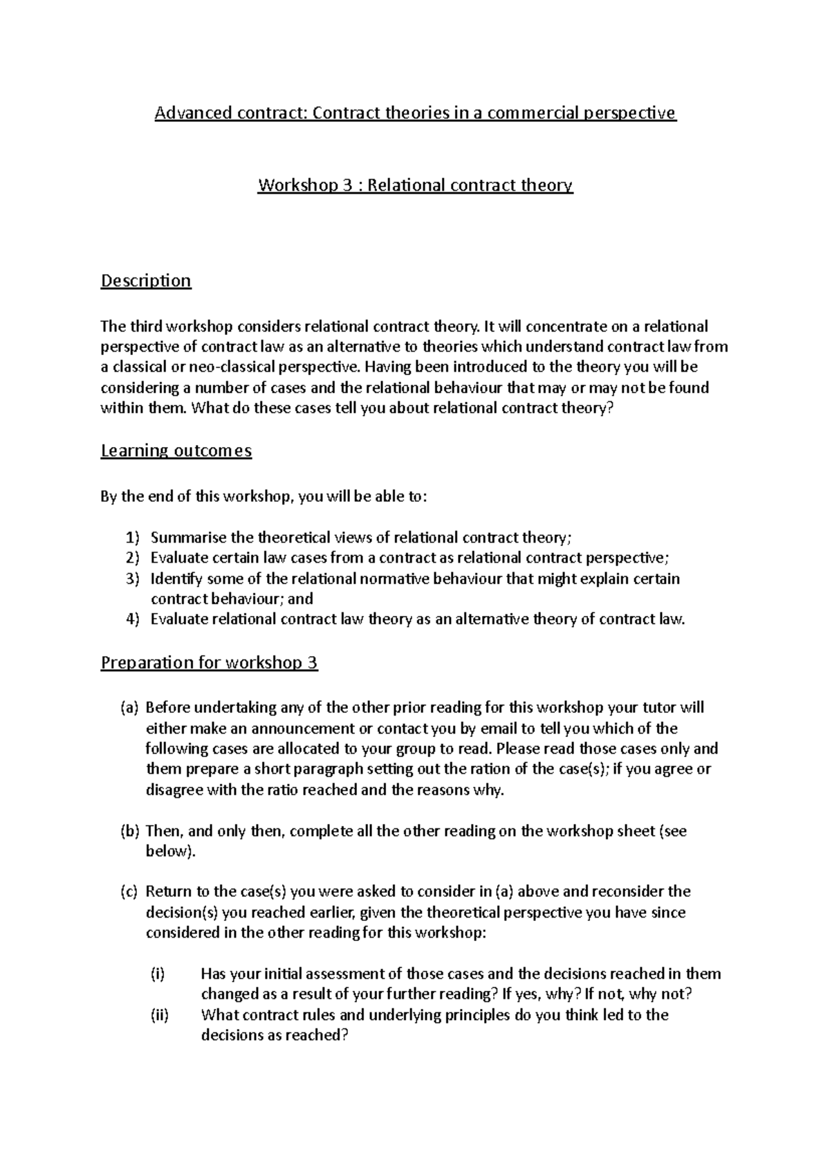 LAW224 Contract theory - workshop 3 - Advanced contract: Contract ...