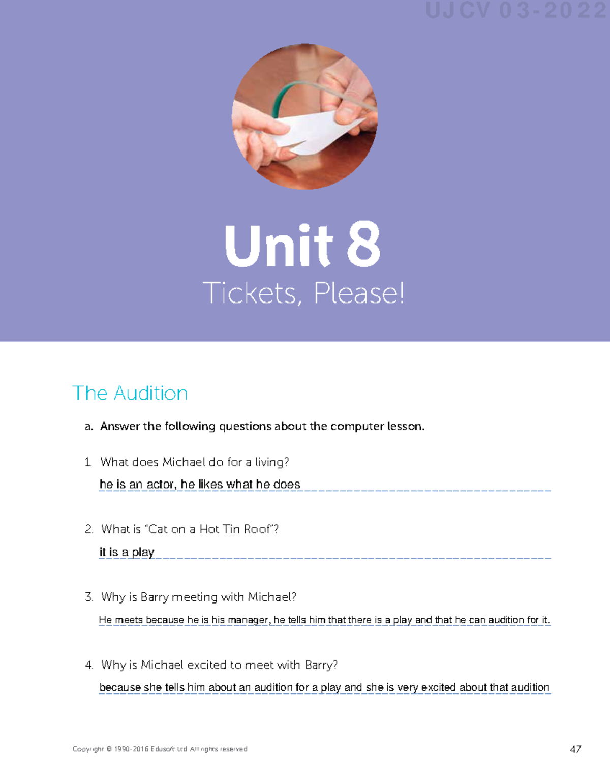08-Basic 3 Workbook Unit 8 - Basic 3 Unit 8 The Audition a. Answer the ...