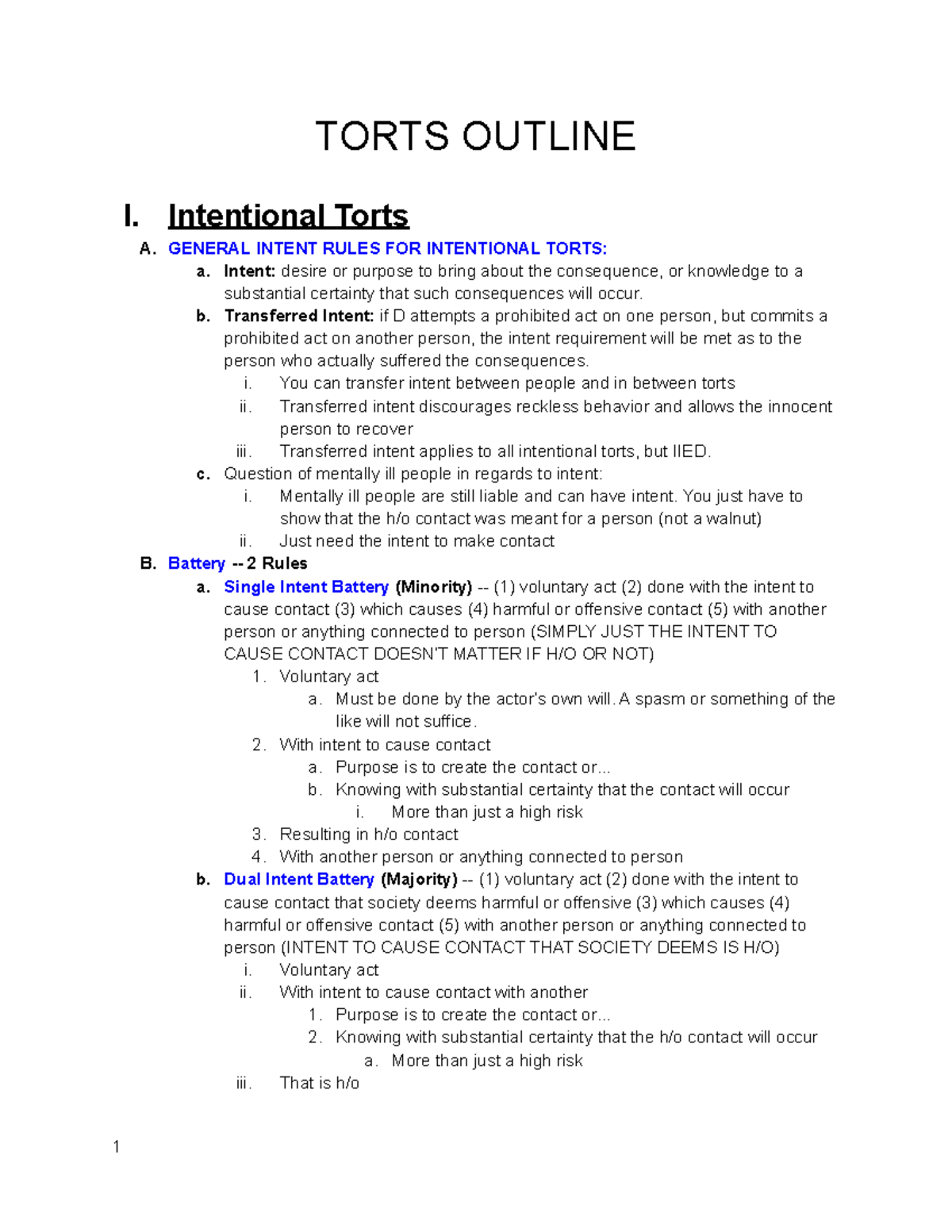 Torts Final Outline - torts class outline - TORTS OUTLINE I ...