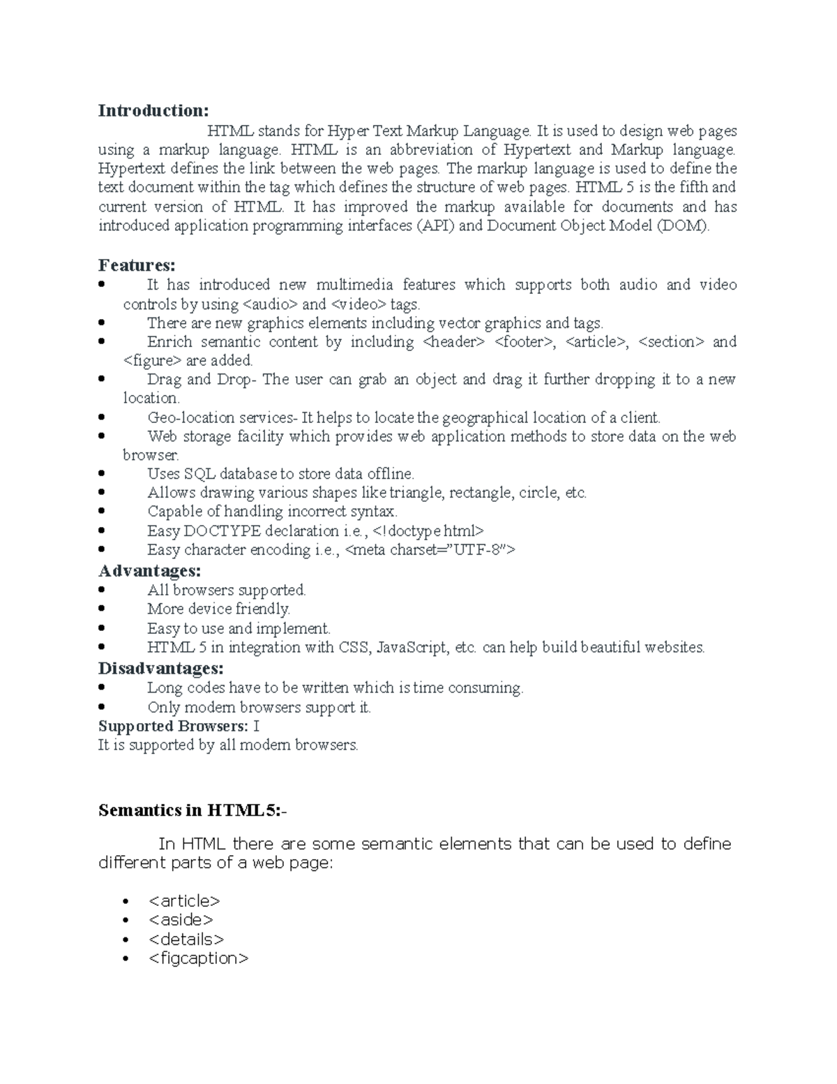 Introduction - helpful - Introduction: HTML stands for Hyper Text Markup Language. It is used to ...