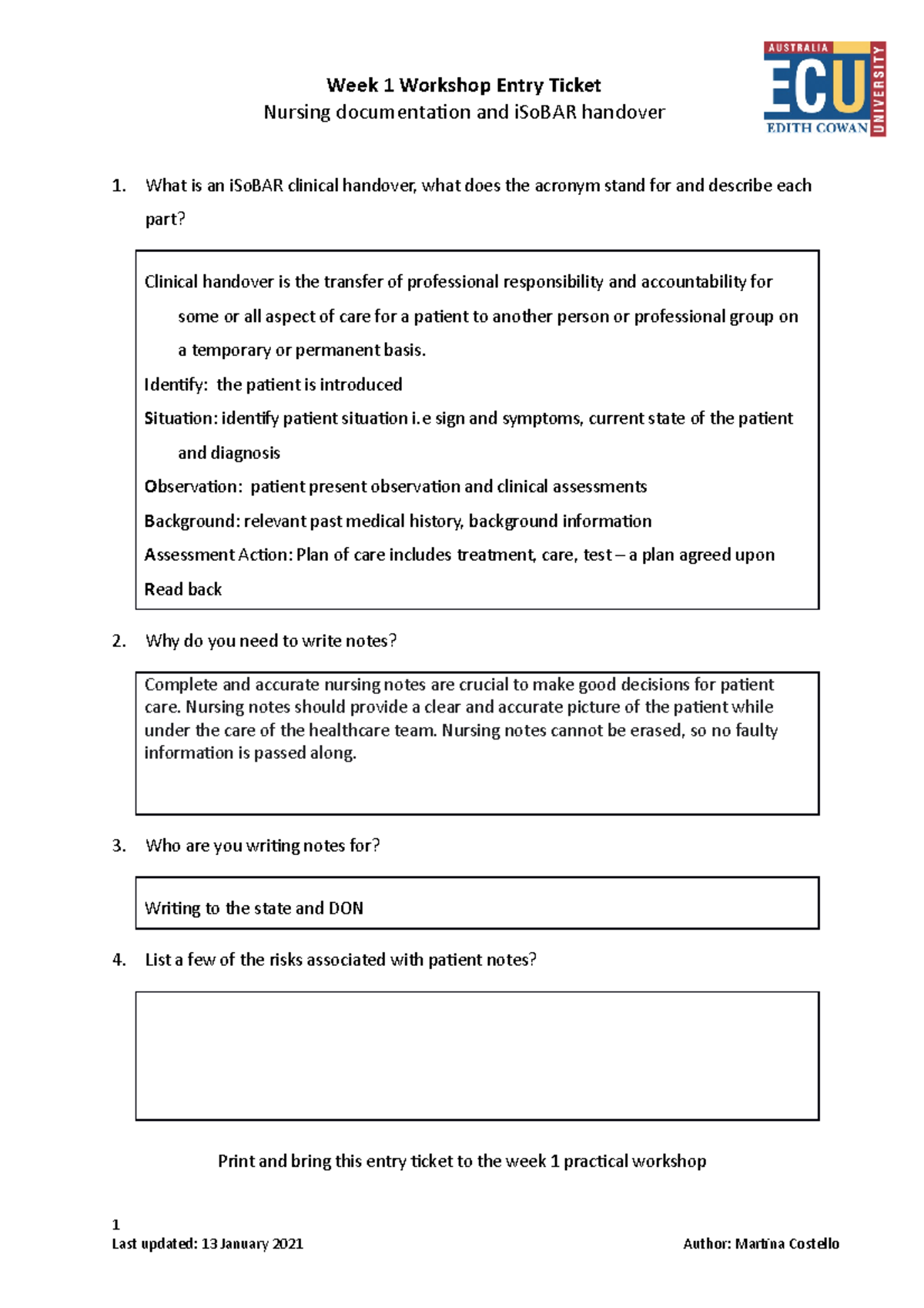 Wk1 entry ticket - Nursing documentation and i So BAR handover - Week 1 ...