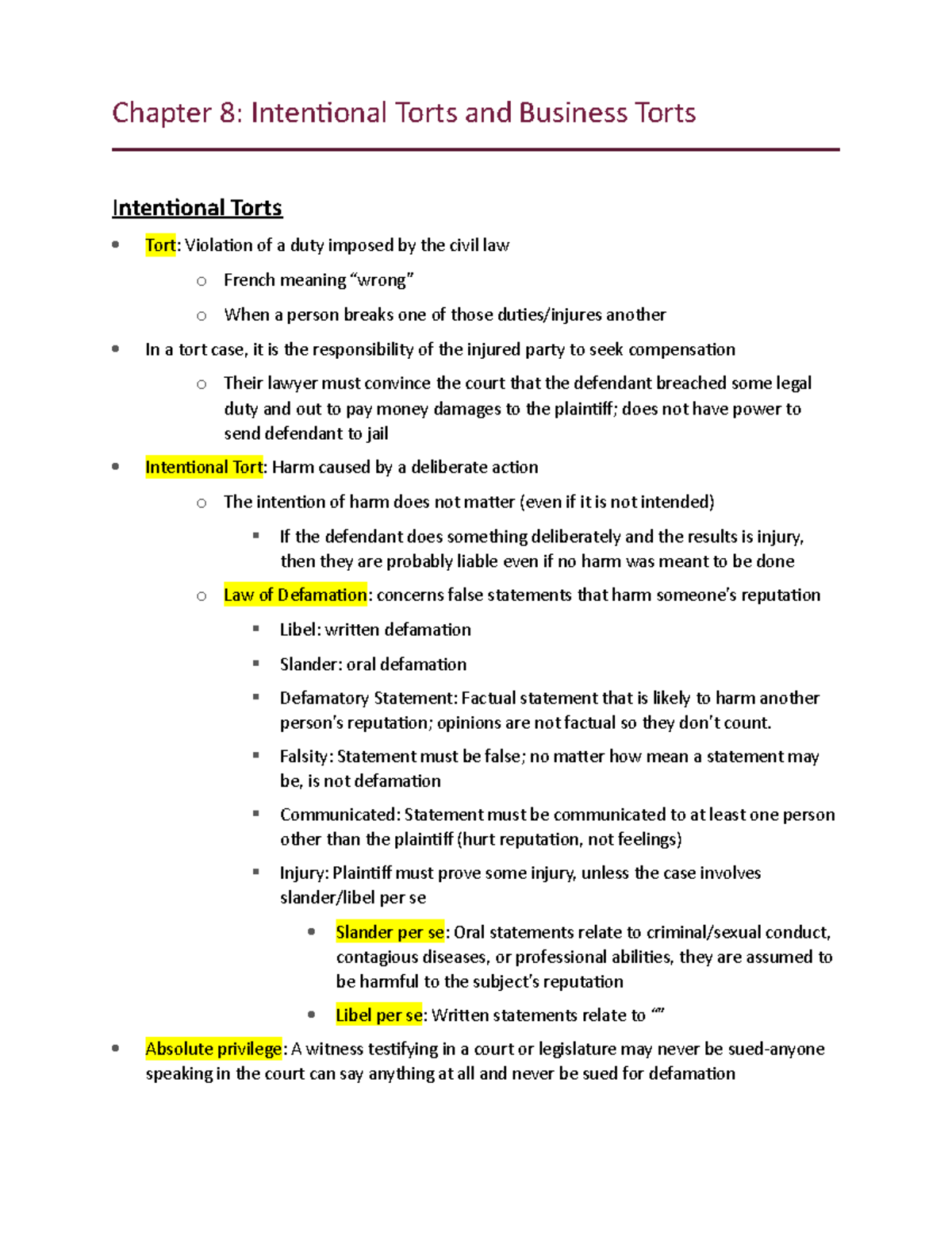 Chapter 8 Book Notes - Chapter 8: Intentional Torts and Business Torts ...