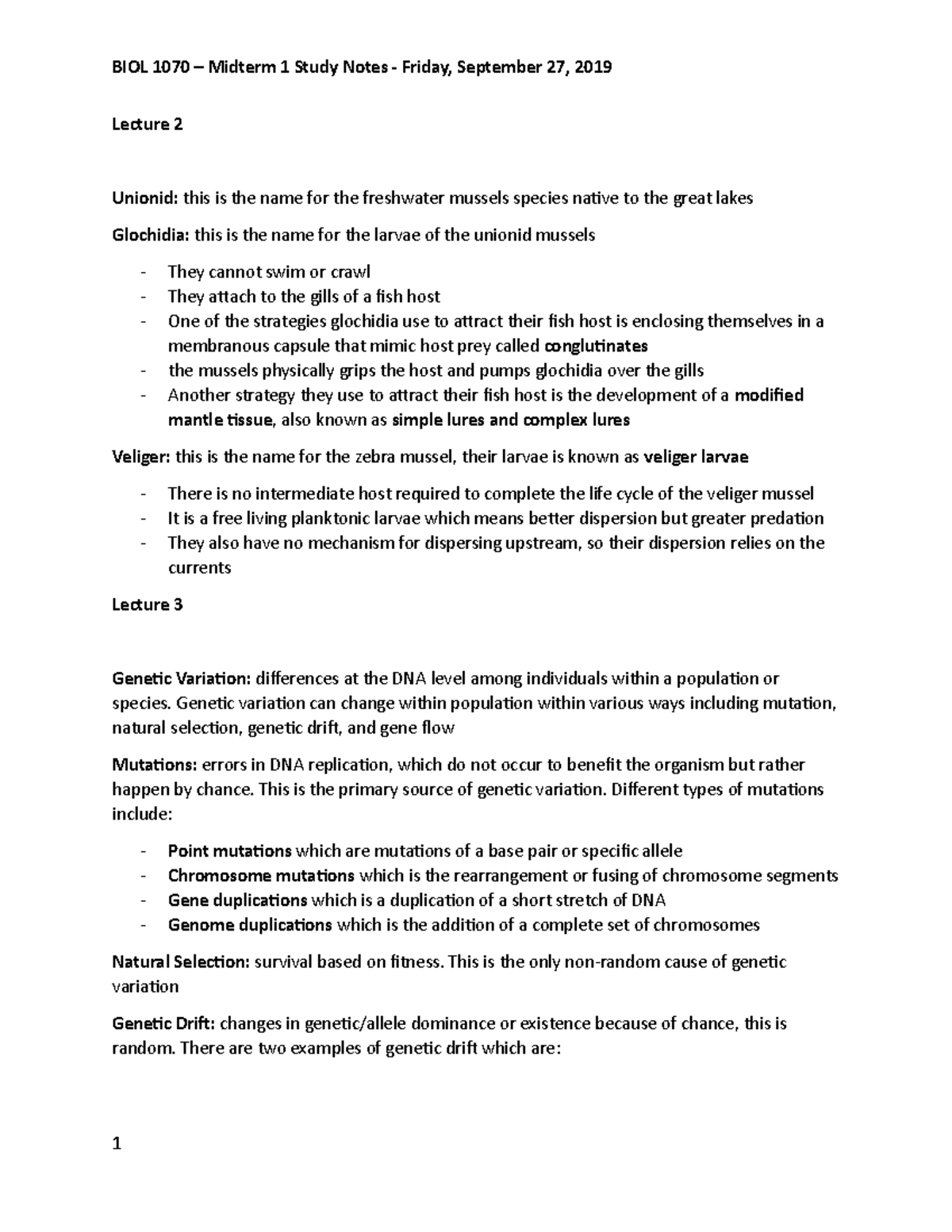 Midterm 1 Study Notes - BIOL 1070 - BIOL 1070 – Midterm 1 Study Notes ...