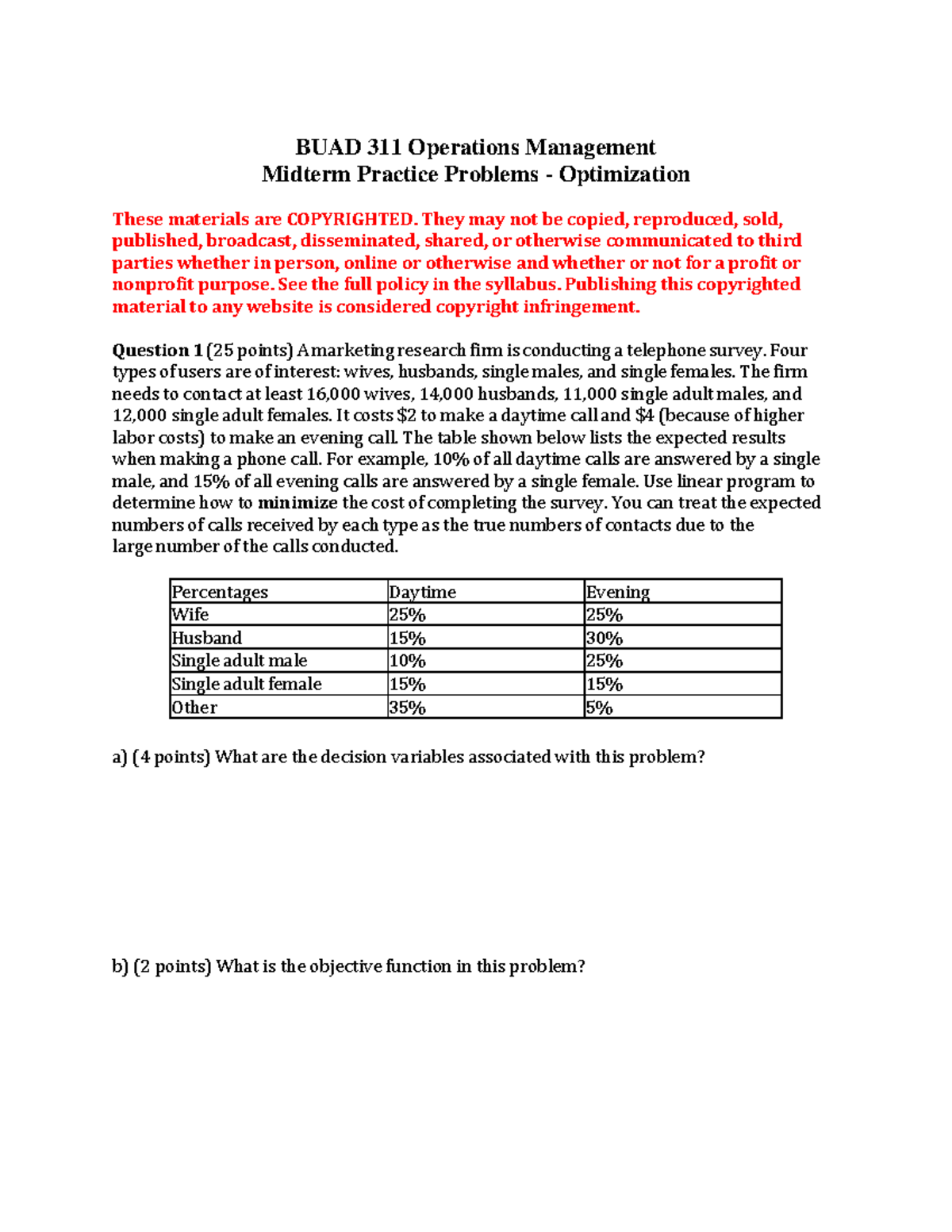 midterm optimization - BUAD 311 Operations Management Midterm Practice Problems - Optimization ...