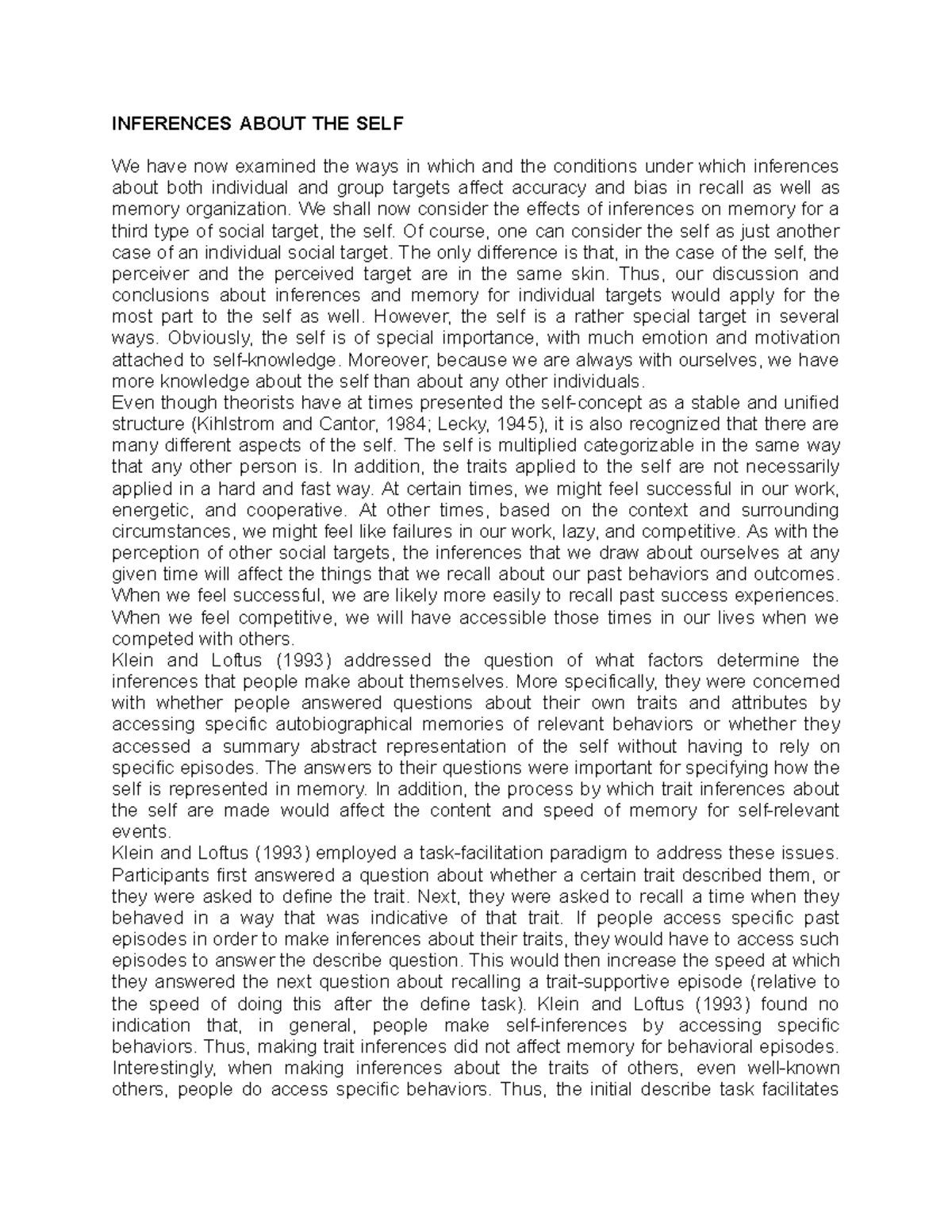 Inferences About The Self - INFERENCES ABOUT THE SELF We have now ...