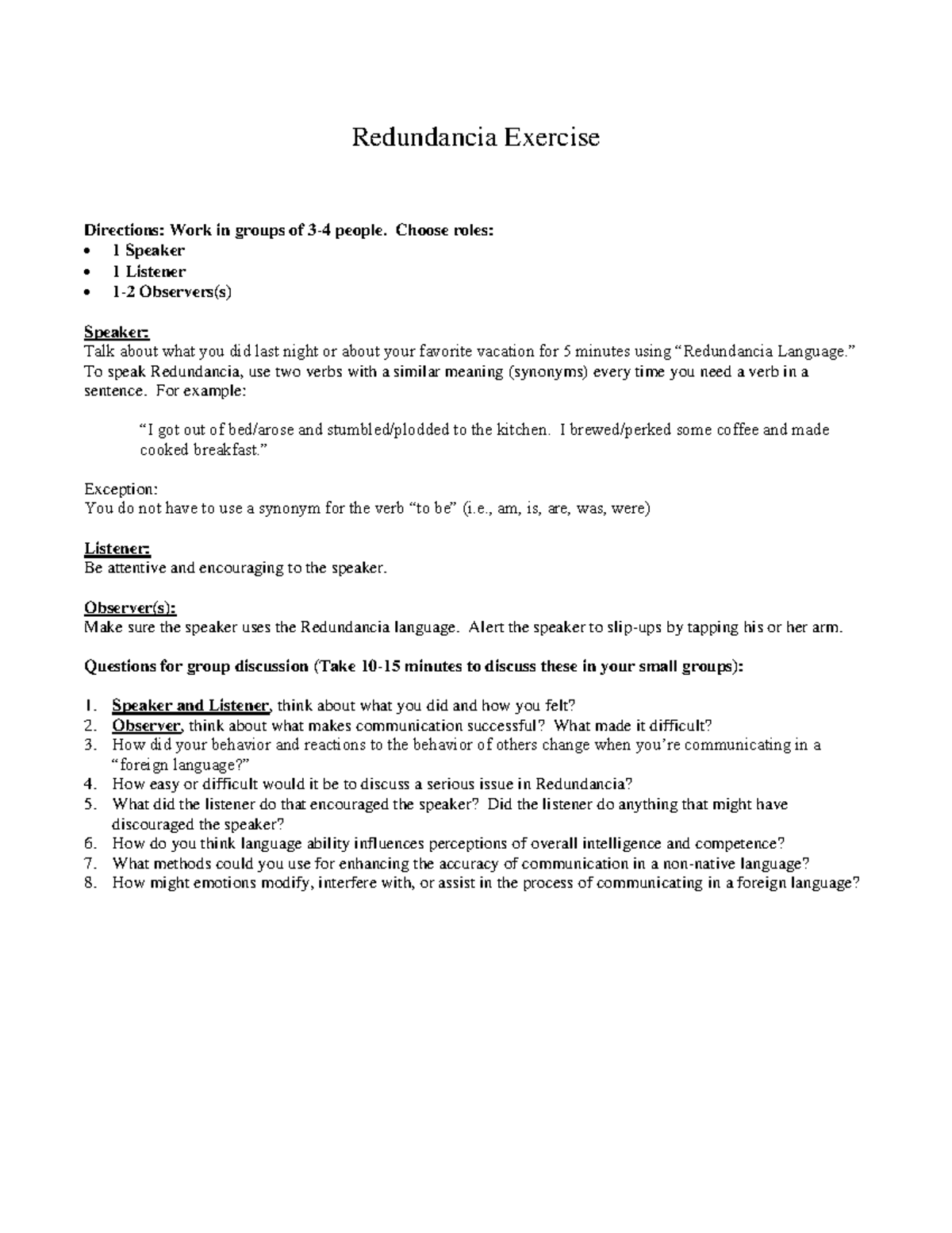 Redundancia Handout - none - Redundancia Exercise Directions: Work in ...