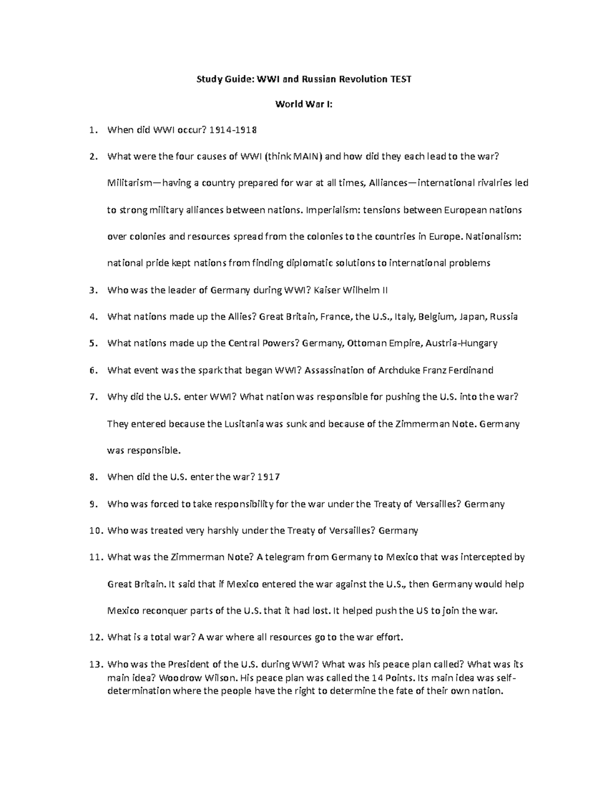 Russian Revolution Study Guide Key - Study Guide: WWI and Russian ...