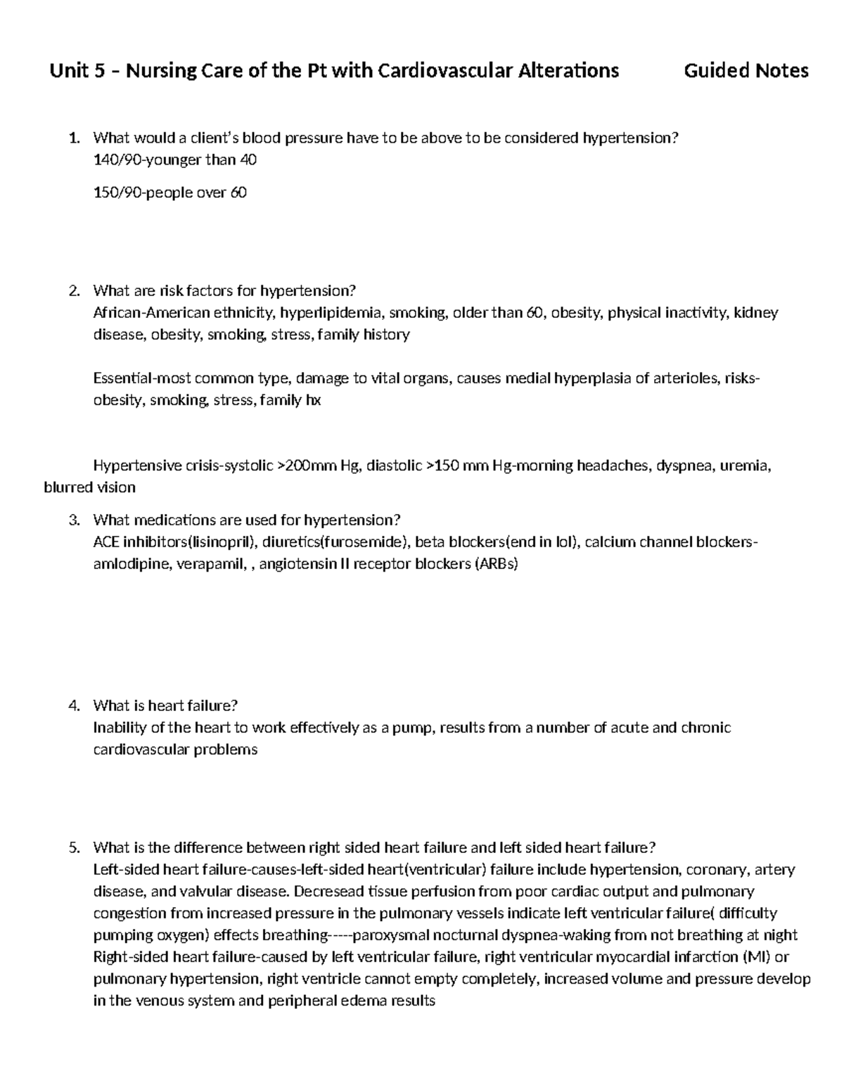 Unit 5 – Nursing Care of the Pt with Cardiovascular Alterations Guided ...
