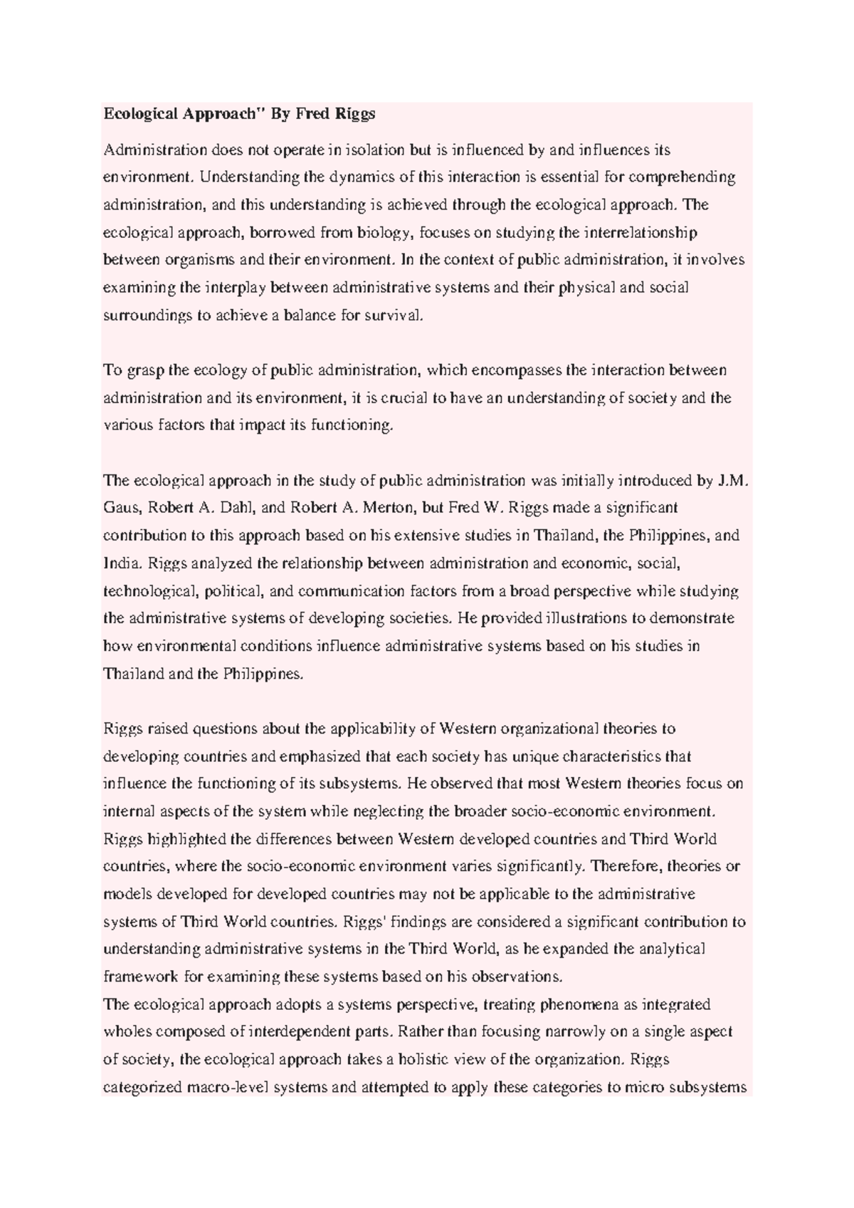 Ecological Approach - Ecological Approach" By Fred Riggs Administration ...