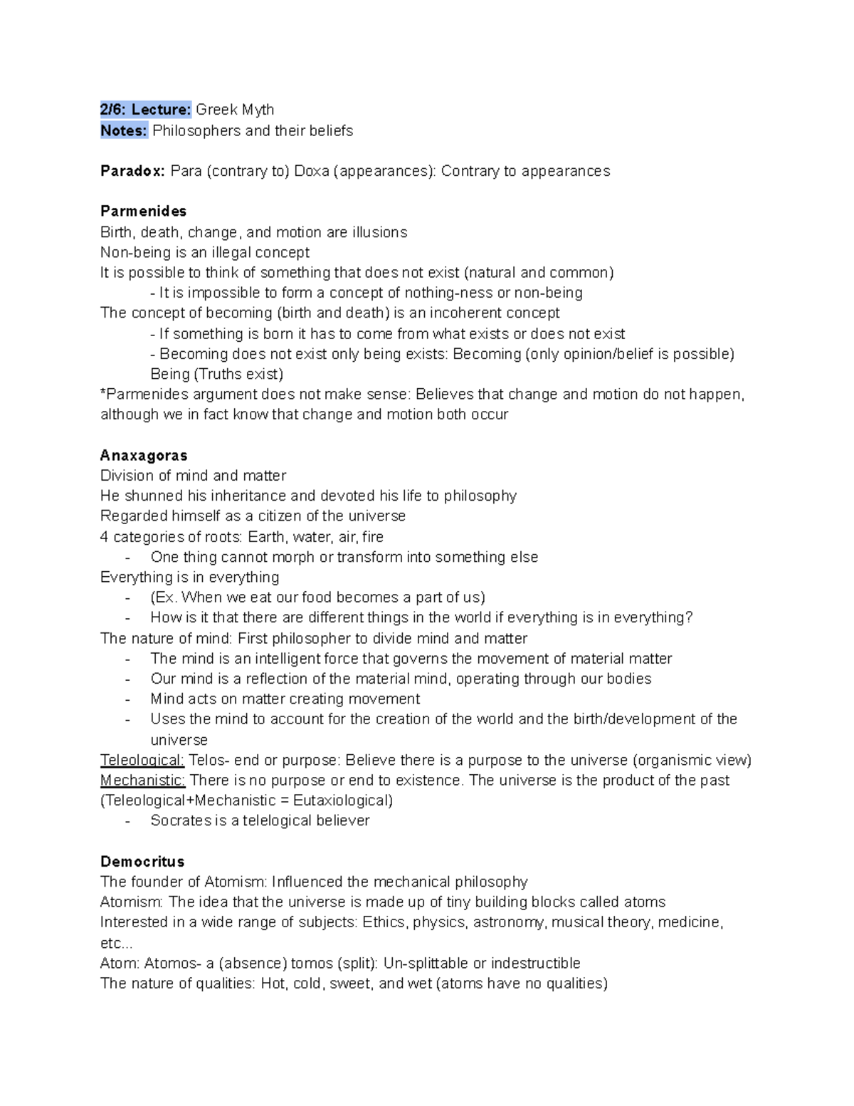 PHIL 1000 Notes Week 4 Feb 6-10 - 2/6: Lecture: Greek Myth Notes ...