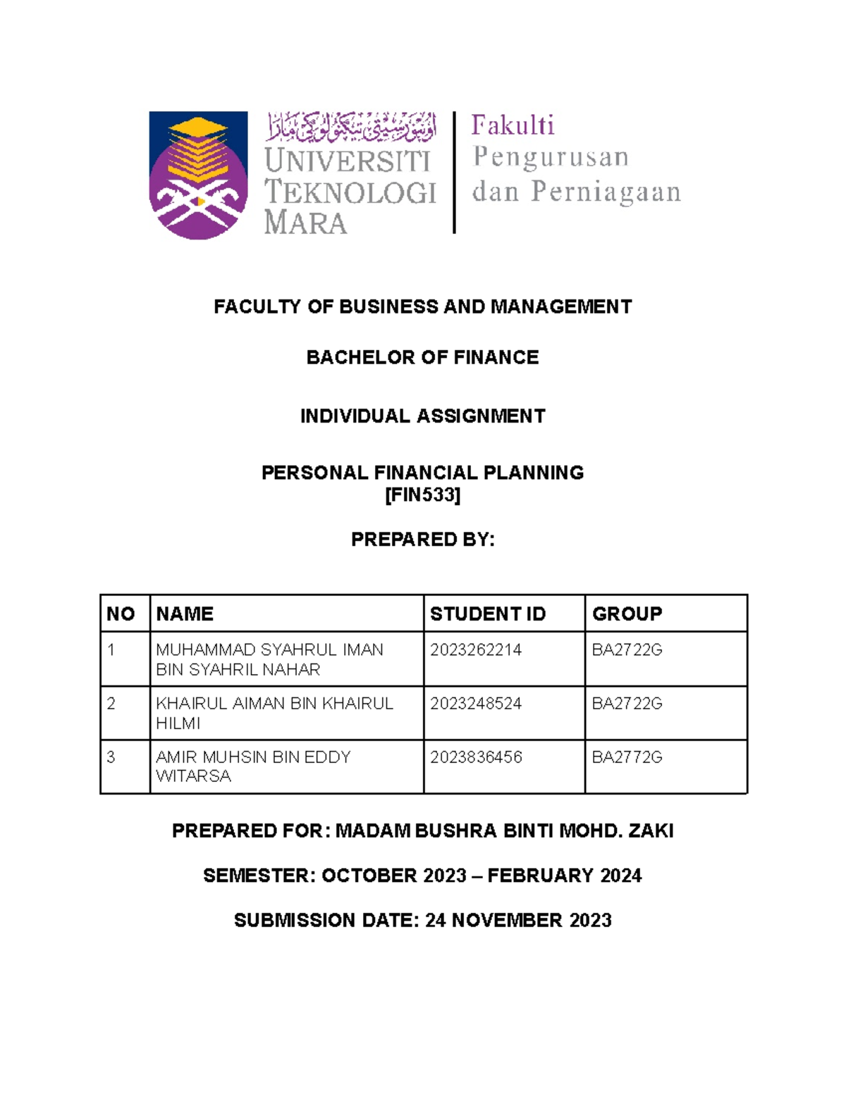 Individual Assignment FIN435 - FACULTY OF BUSINESS AND MANAGEMENT BACHELOR OF FINANCE INDIVIDUAL ...