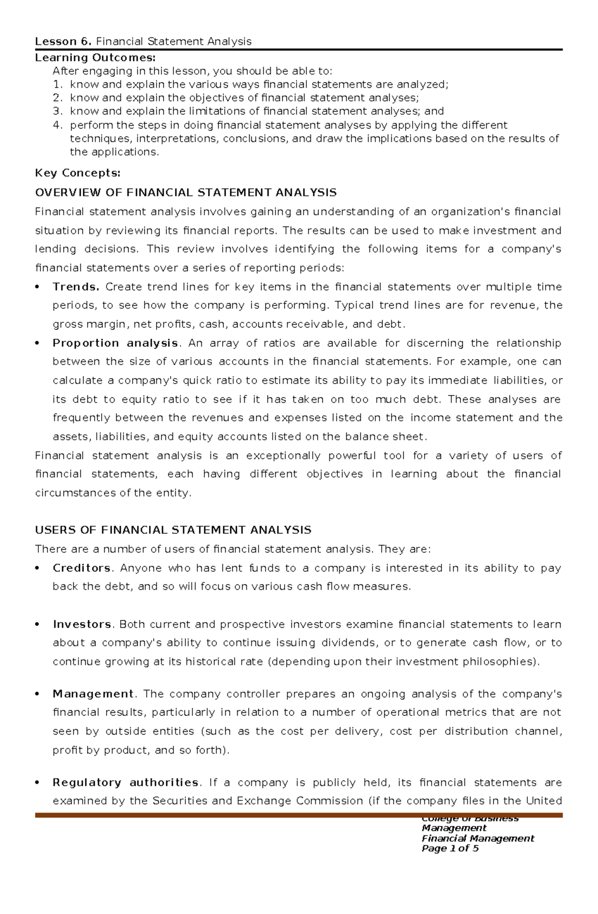Financial Statement Analysis - College of Business Management Financial ...