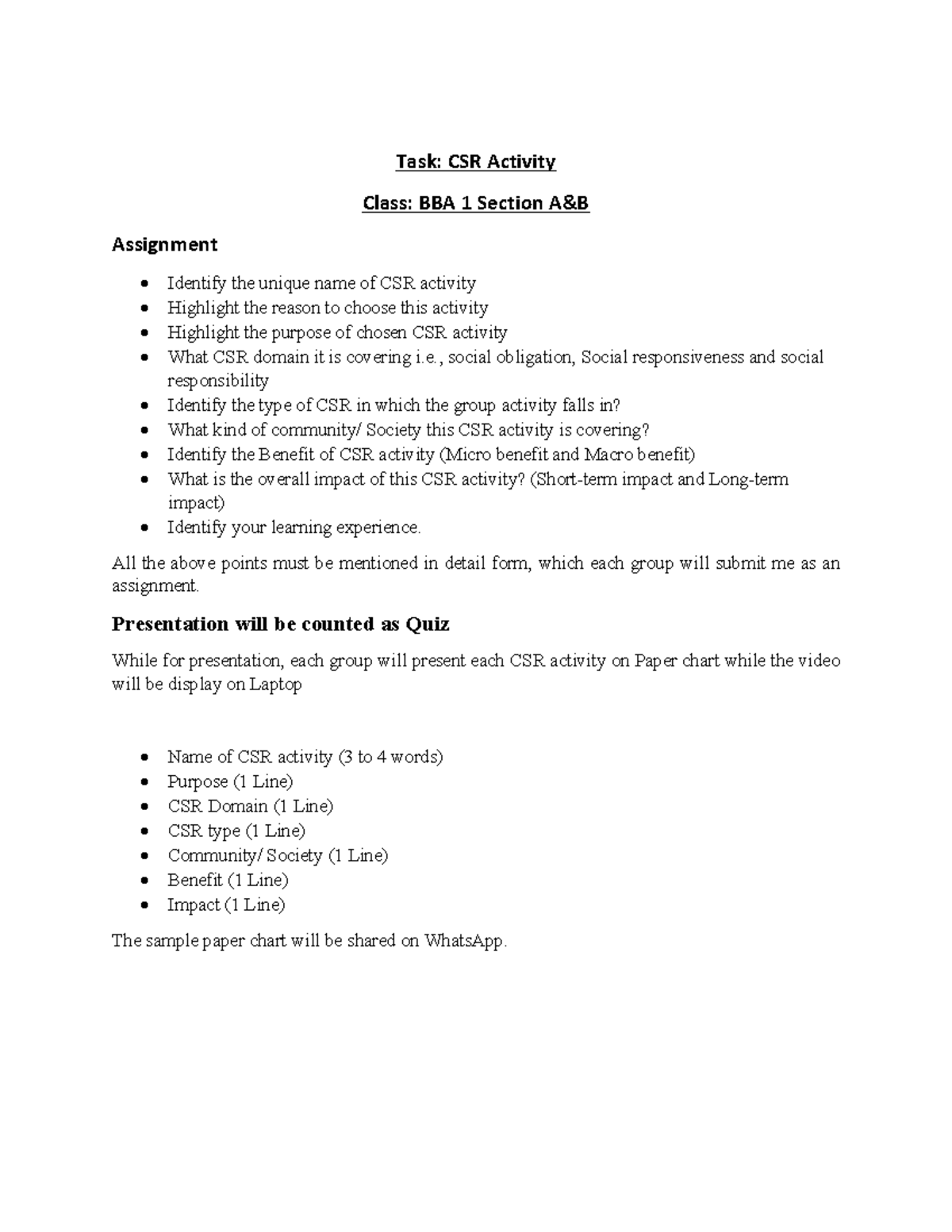 Assignmnet 3-CSR Class Task - Task: CSR Activity Class: BBA 1 Section A&B Assignment Identify ...