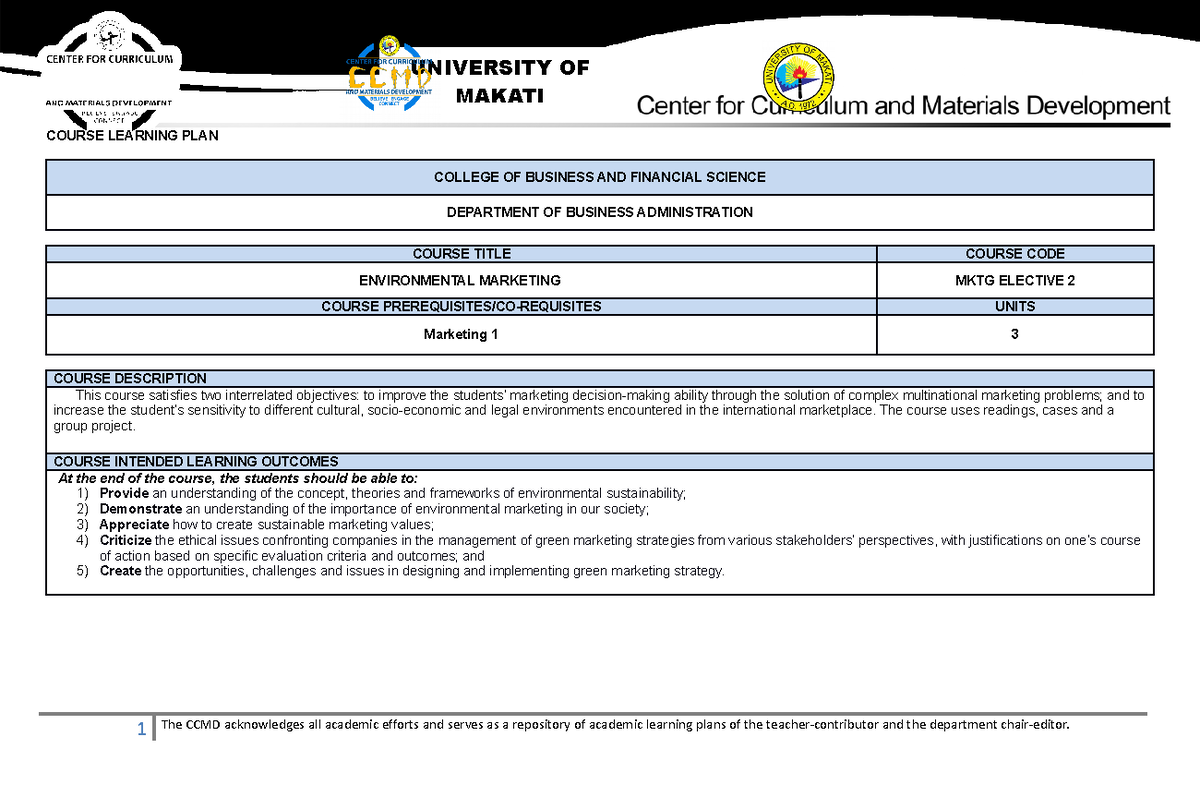 6 MKTG Elective 2 Environmental Marketing CLP 2020-2021 - MAKATI COURSE ...