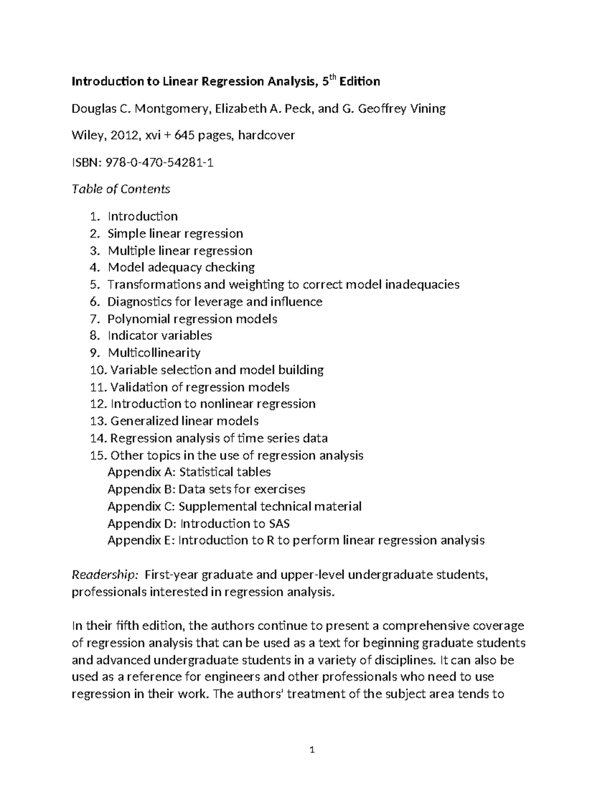 Linear Regression Analysis-5th Ed - Introduction to Linear Regression Analysis, 5 th Edition ...