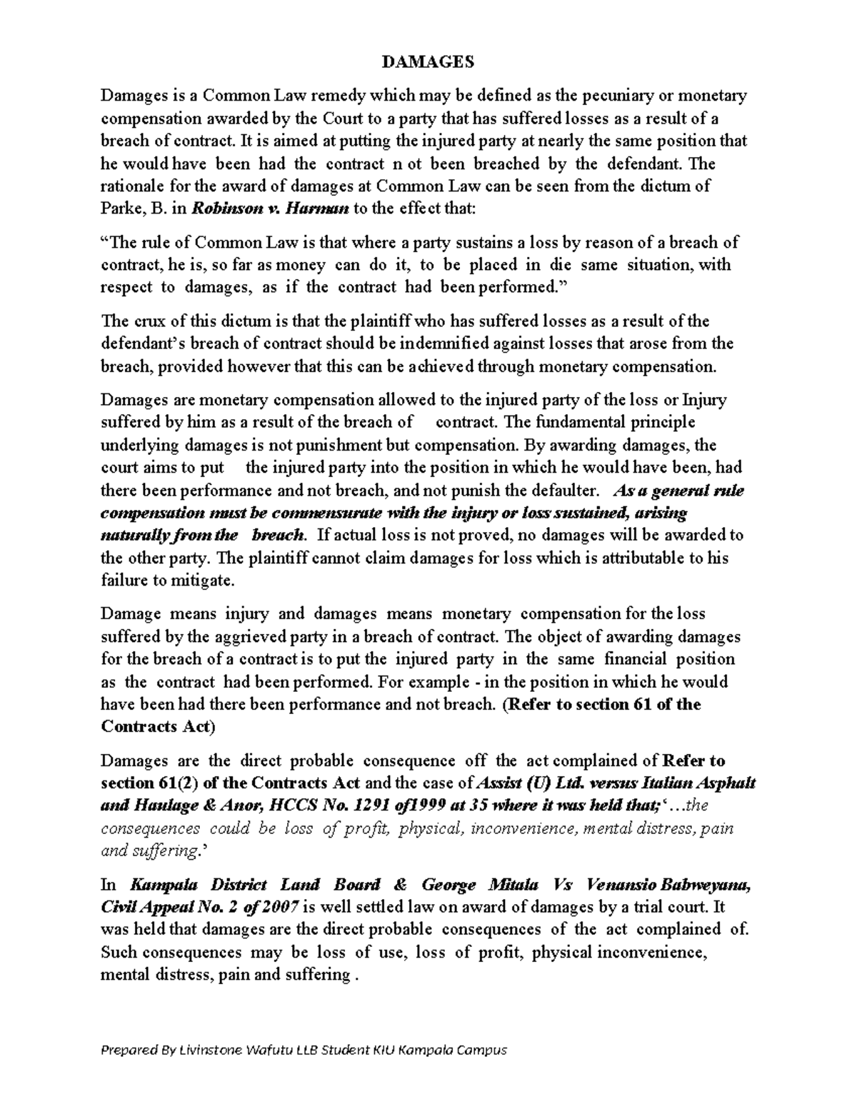 Damages - Class notes - DAMAGES Damages is a Common Law remedy which ...