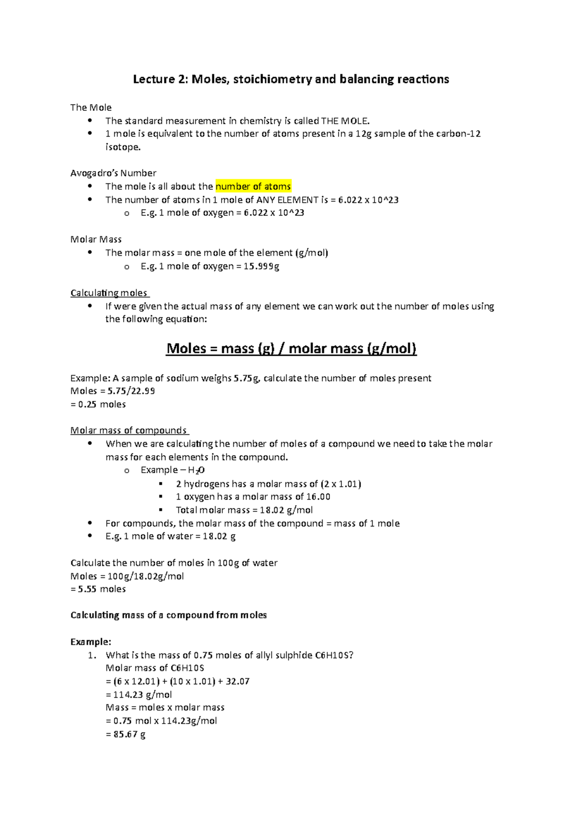 Lec 2 - Moles and Stoichiometry - Lecture 2: Moles, stoichiometry and ...