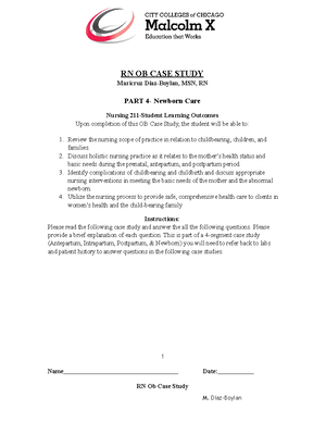 Postpartum Case Study - OB woksheet - RN OB CASE STUDY Postpartum-Part ...