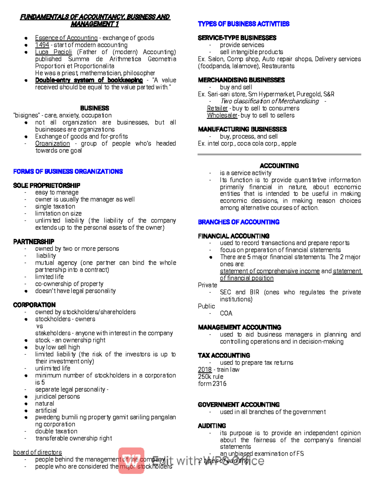 FABM1 Notes (maikli ver) - FUNDAMENTALS OF ACCOUNTANCY, BUSINESS AND ...