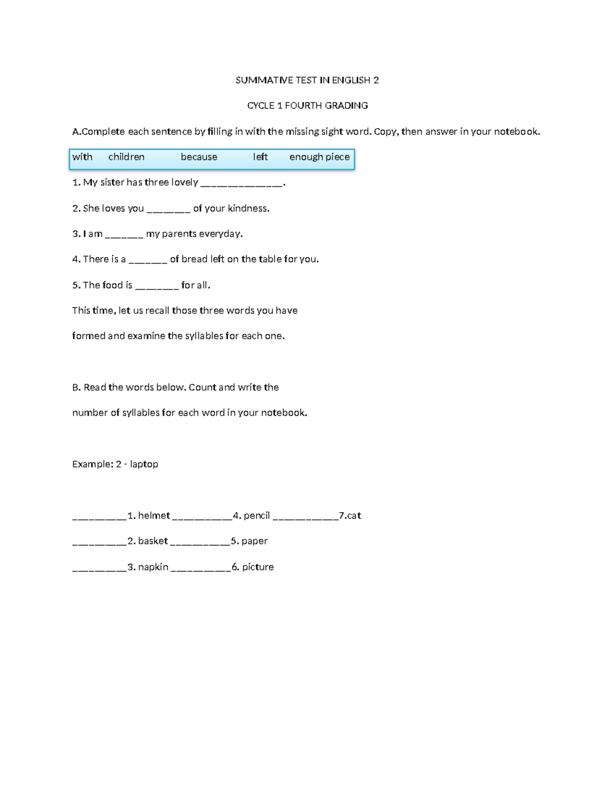 Summative TEST IN English 2 - SUMMATIVE TEST IN ENGLISH 2 CYCLE 1 ...