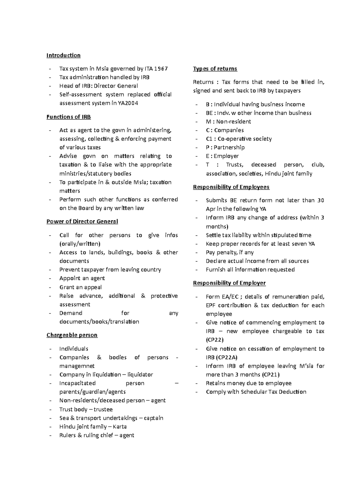 Quick notes Tax Administration - Introduction Tax system in Msia ...