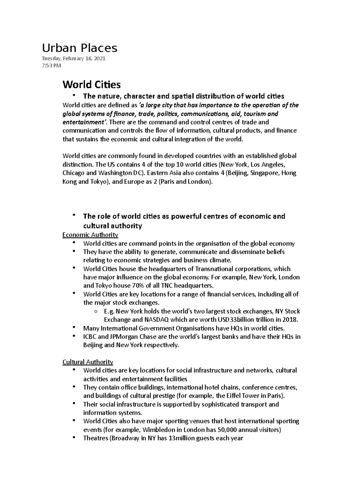 GEO101 Basic Introductory Notes - Urban Places Tuesday, February 16 ...
