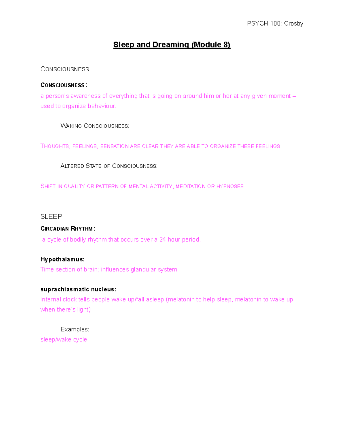PSYCH 100 Sleep Student - Sleep and Dreaming (Module 8) CONSCIOUSNESS ...