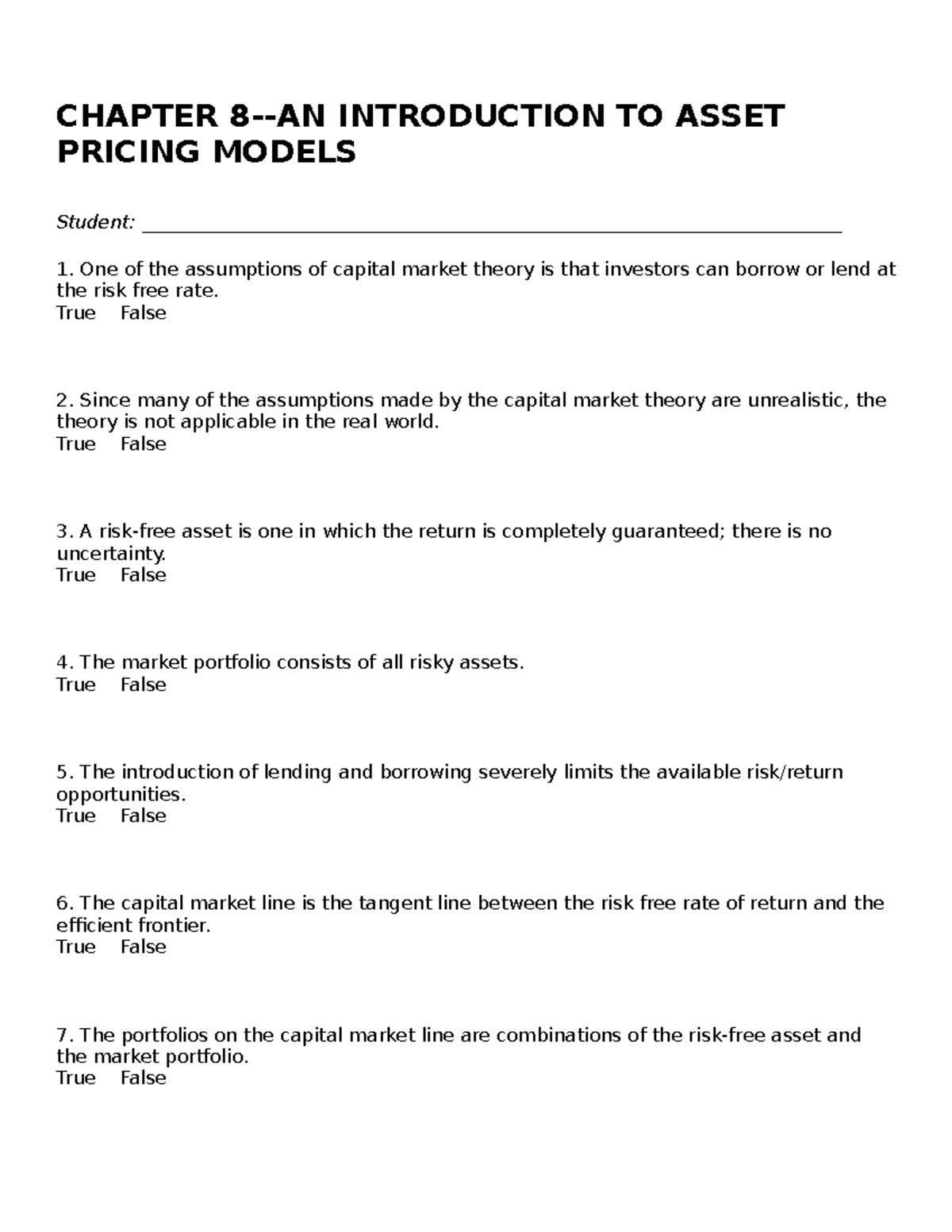 Assetpricingmodels MC - FIN 323 - UOW - Studocu