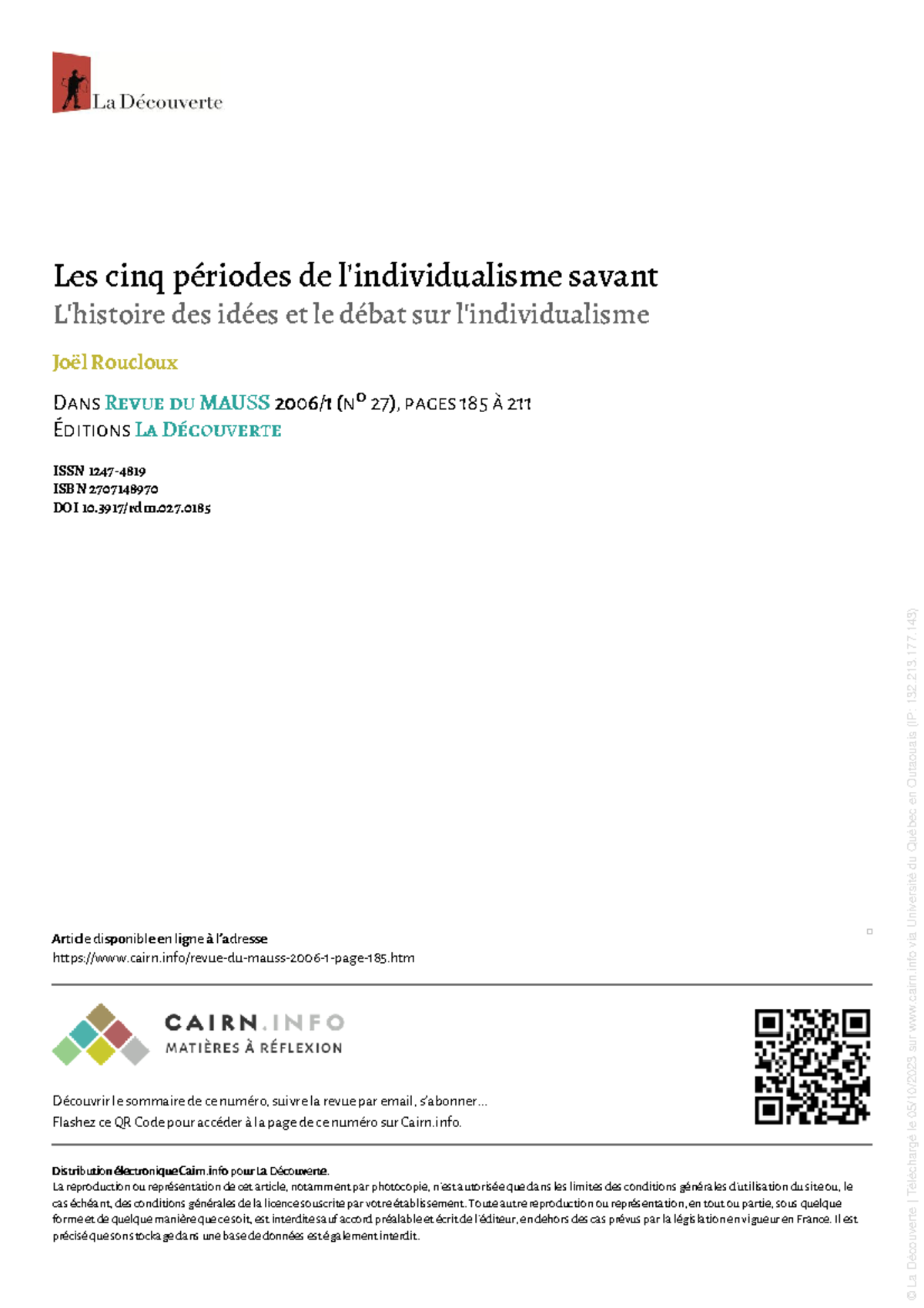 RDM 027 0185 norme individualisme - Les cinq périodes de l ...