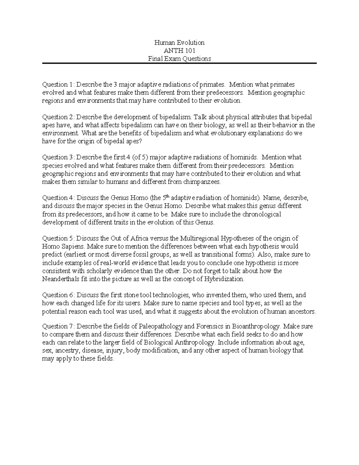 ANT 101 Final Exam Questions - Human Evolution ANTH 101 Final Exam Questions Question 1 ...