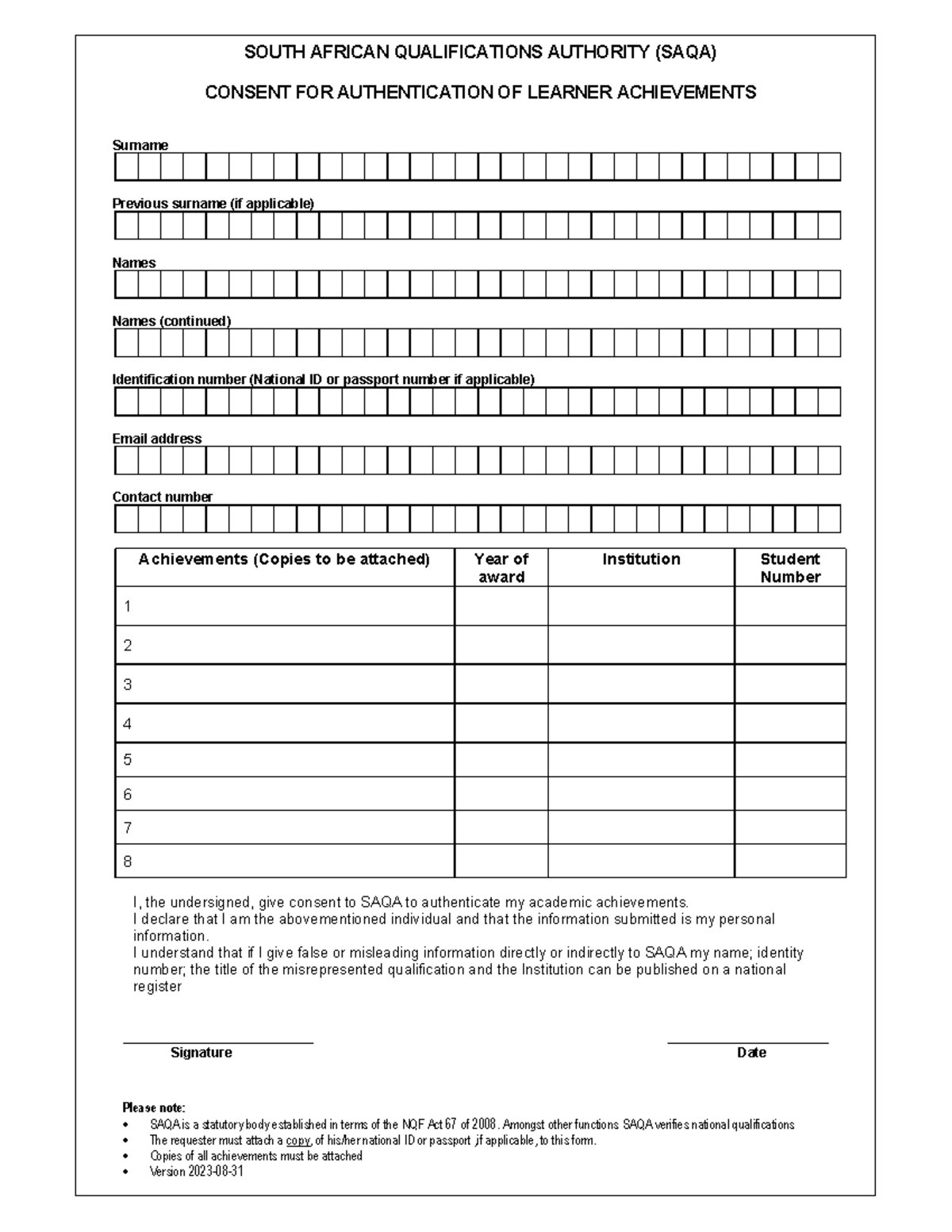 Consent Form Verification of Qualifications - Please note: SAQA is a ...