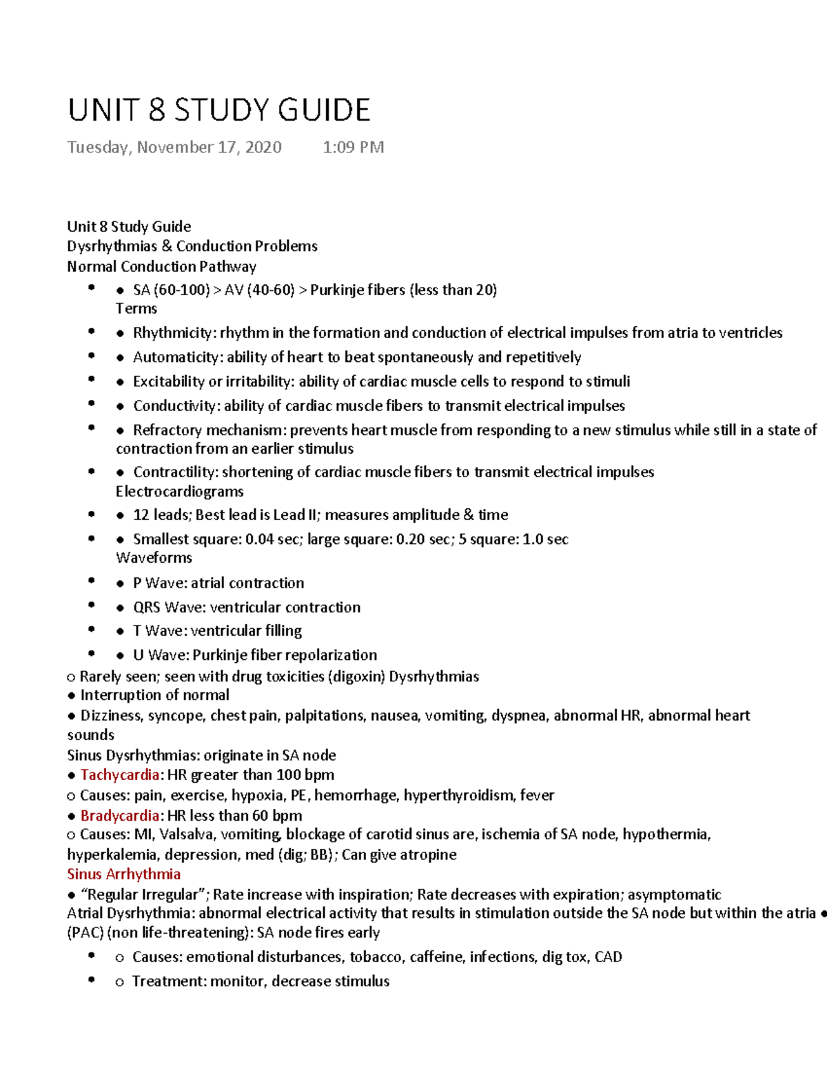 UNIT 8 Study Guide level 2 - Unit 8 Study Guide Dysrhythmias ...
